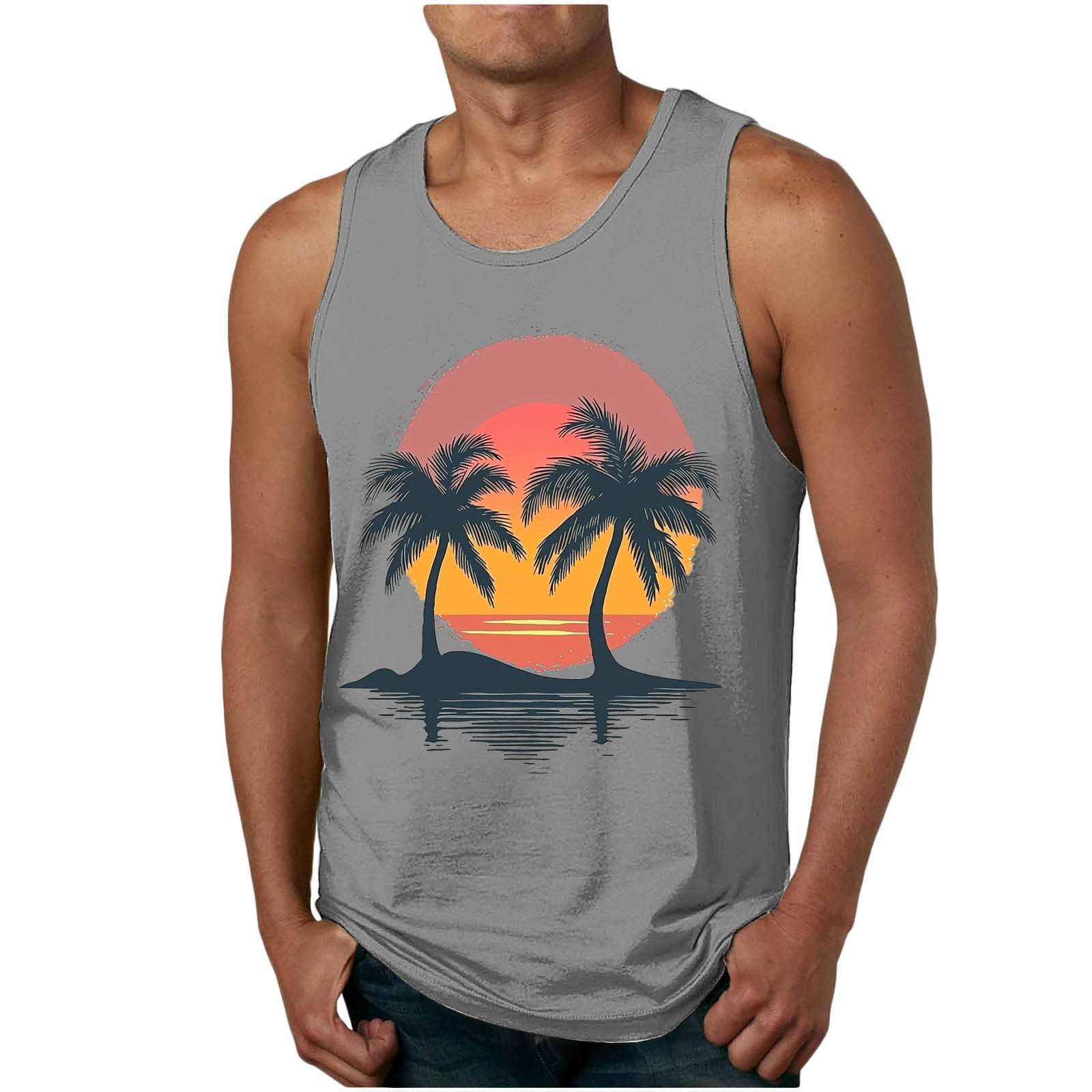 Dagegui Under $10 Hawaiian Tank Tops for Men Sunset Palm Tree Graphic Tanks Summer Casual Loose ...