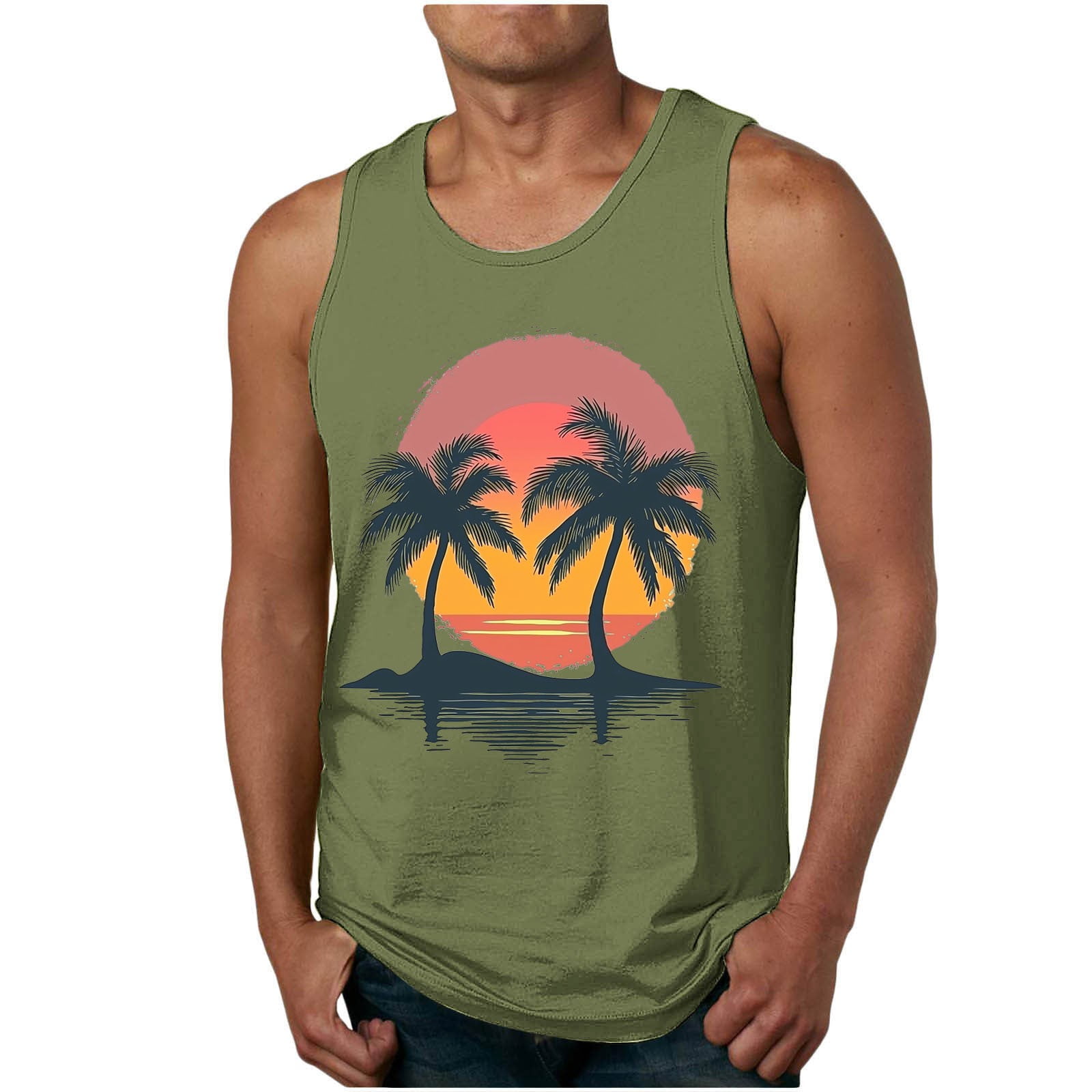 Dagegui Under $10 Hawaiian Tank Tops for Men Sunset Palm Tree Graphic ...