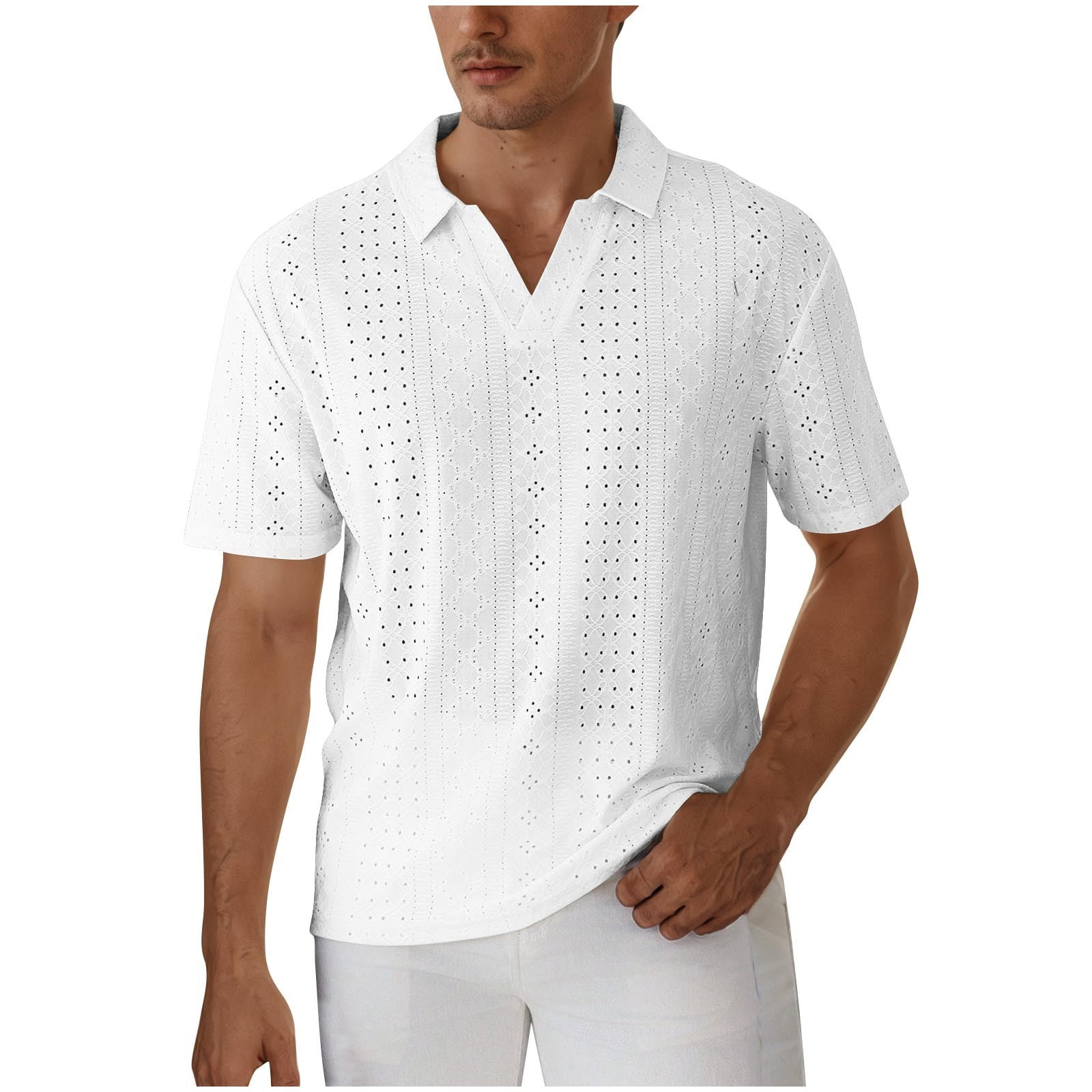 Dagegui White Short Sleeve T-Shirt for Men Textured Hollow Out Shirts ...