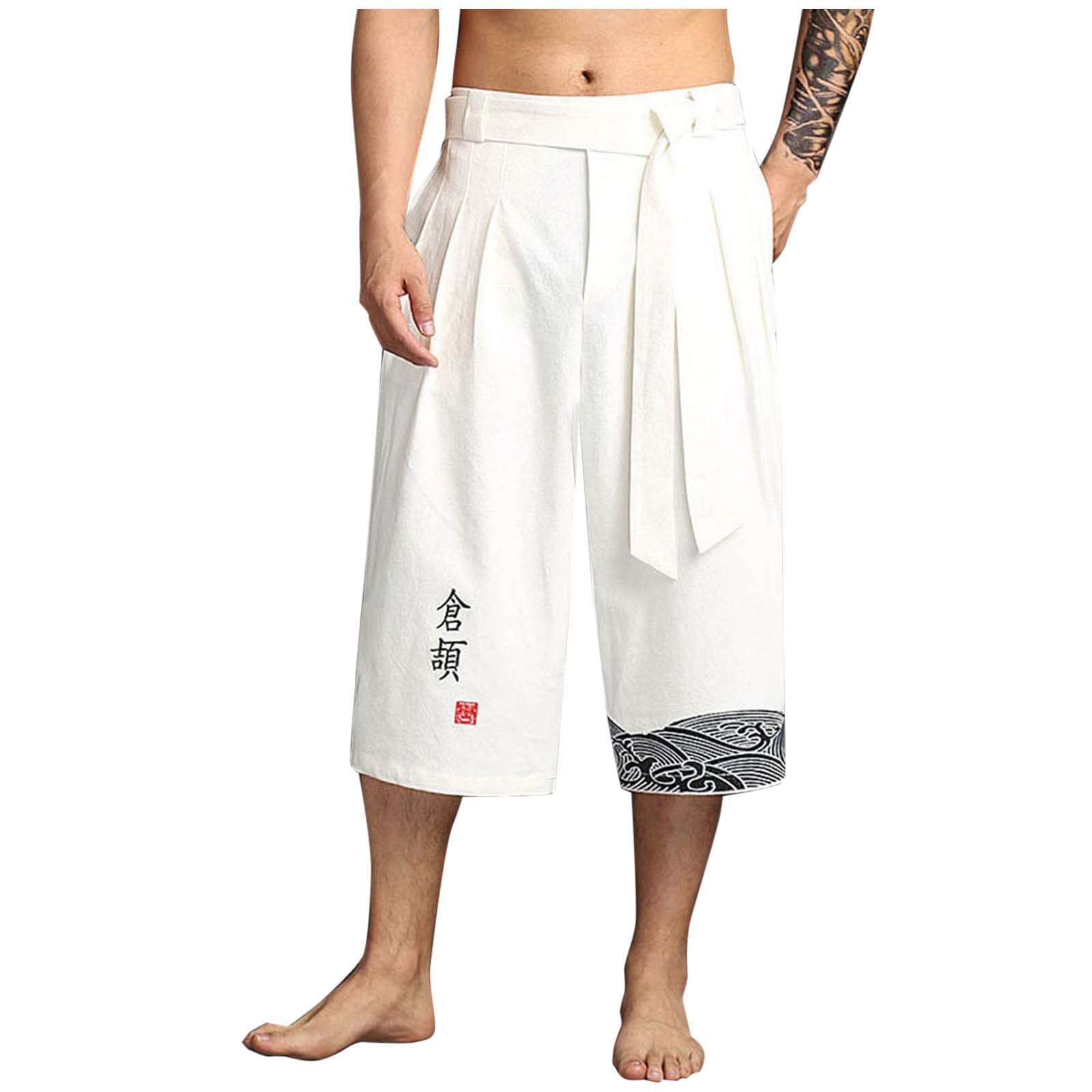 Dagegui Wide-Leg Cropped Pants for Men Cotton Linen Half Elastic Waist ...