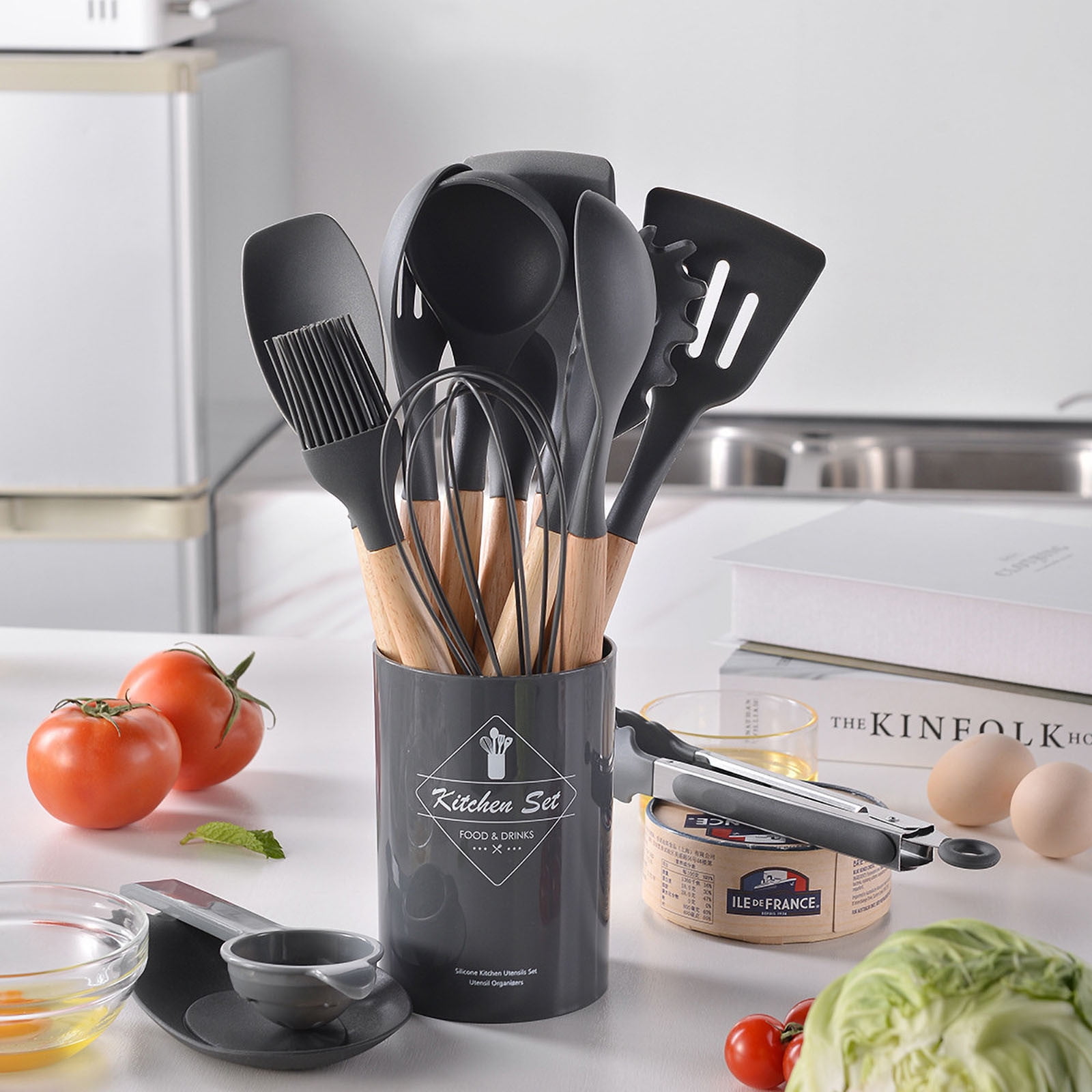 DagobertNiko Wooden Handle Silicone Kitchenware Set 13 Piece Round ...