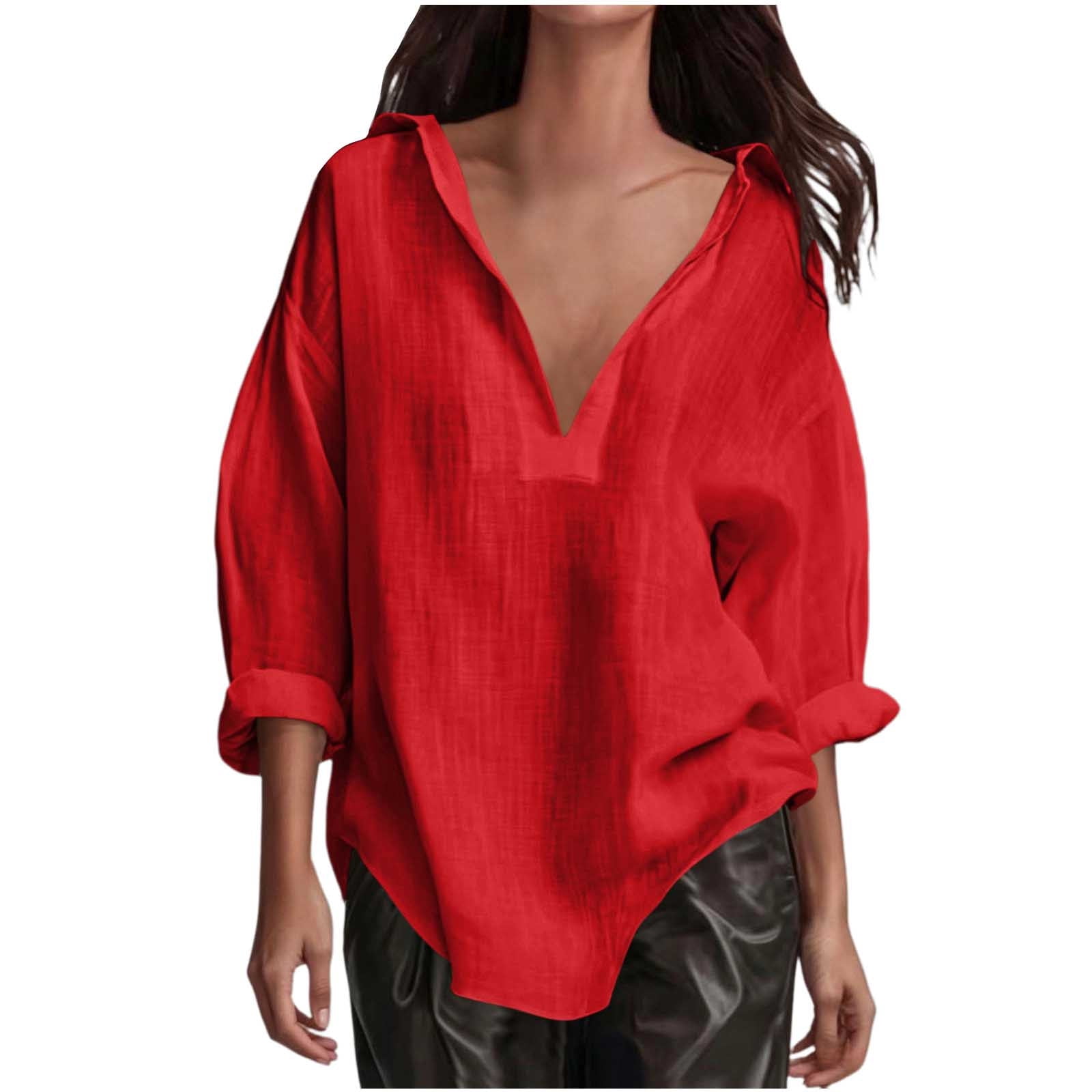 Dagugfen 3/4 Length Sleeve Womens Tops Loose Fitted Deep V Neck ...