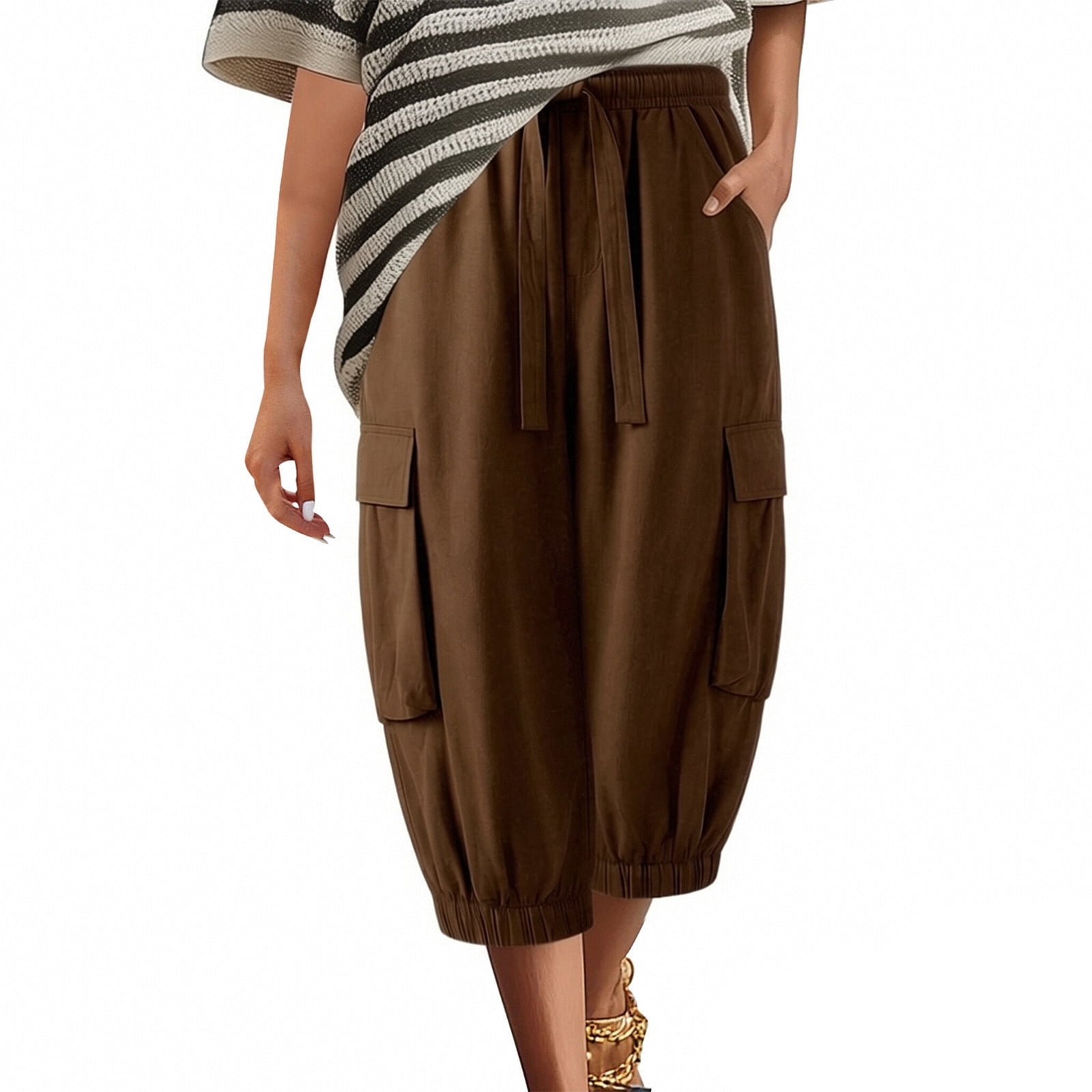 Dagugfen Cargo Capris for Women Drawstring Elastic Waist Loose Fitted ...