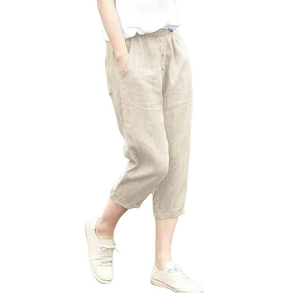 Dagugfen Comfy Casual Cotton Linen Capri Pants for Women Straight Leg ...