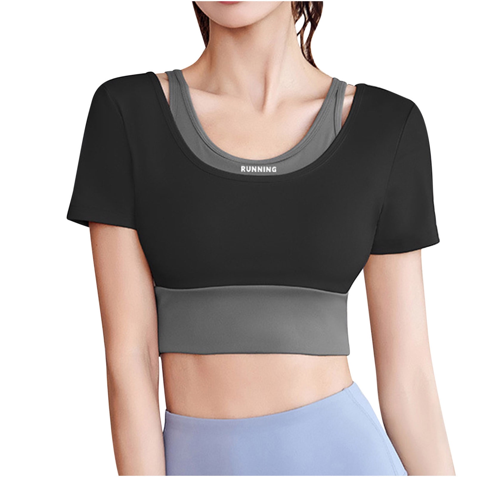 Dagugfen Crop Tops for Women Build in Bra Fake Two Piece Quick Dry ...