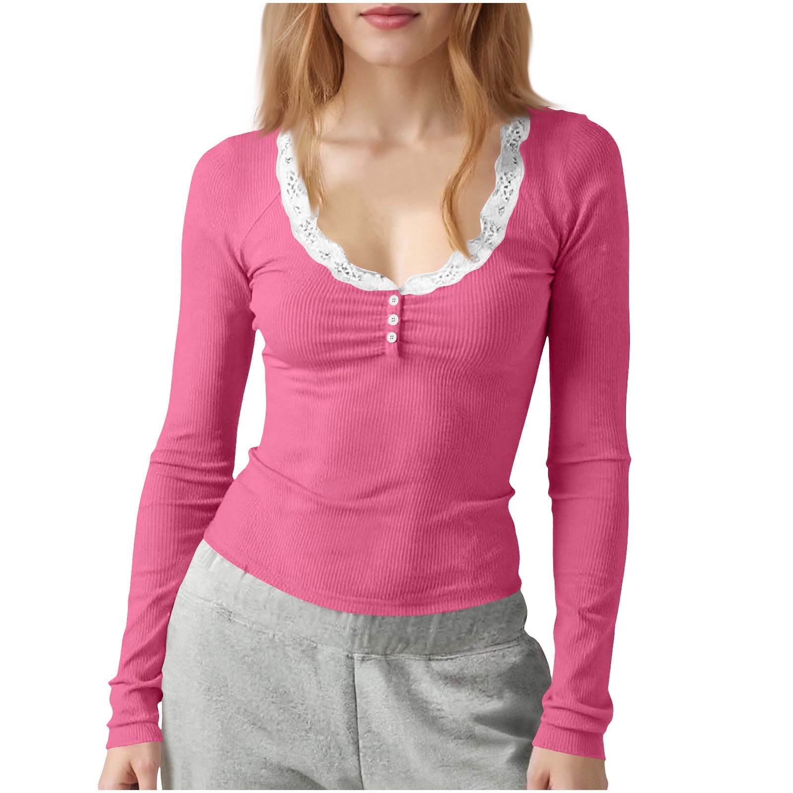 Dagugfen Crop Tops for Women Lace Button V Neck Low Cut Slim Fitting ...