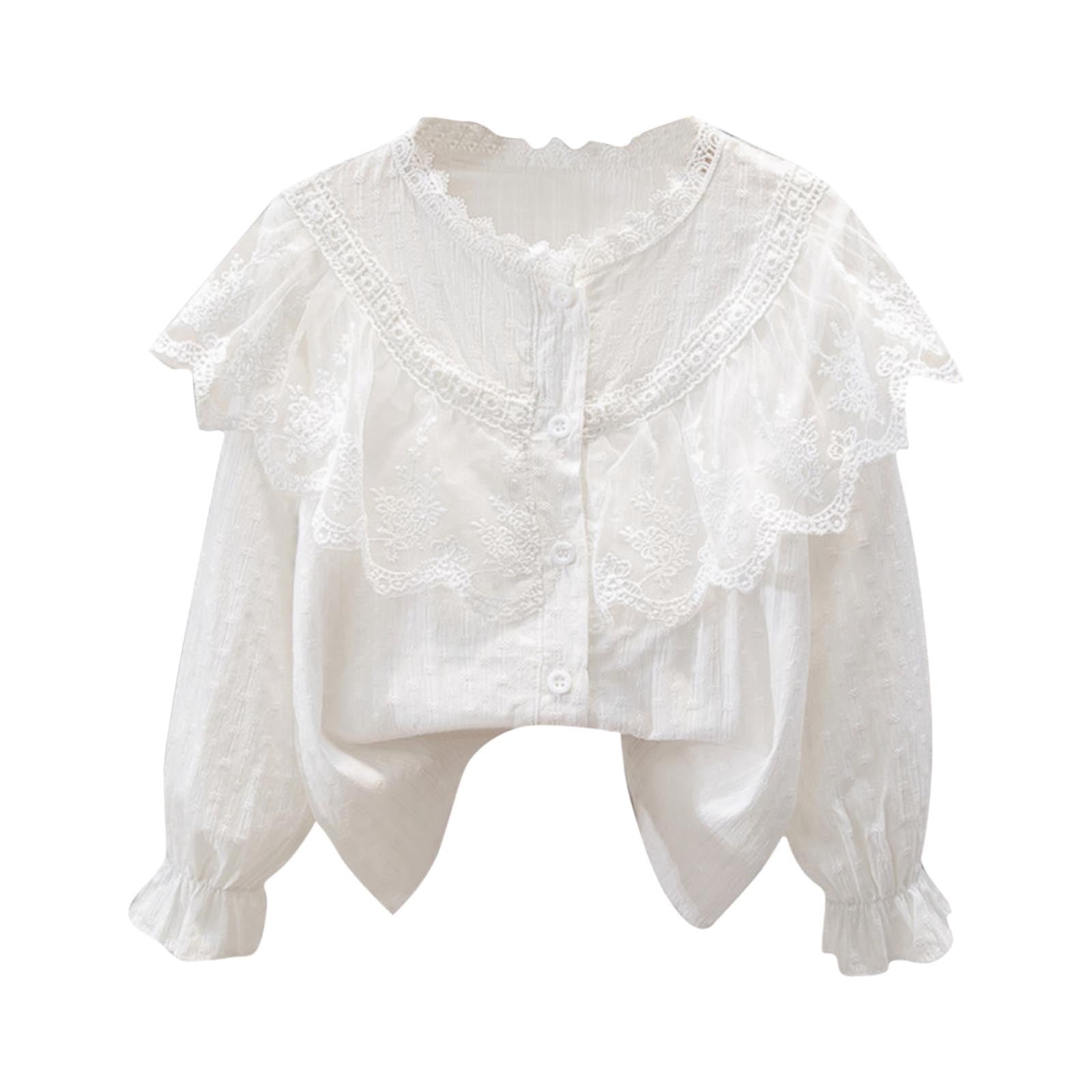Dagugfen Girls Shirts White Button down Lace Ruffle Flower Flare Sleeve ...