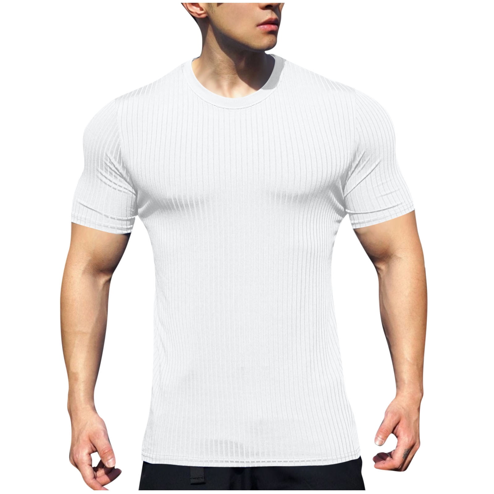 Dagugfen Gym Tops for Men Summer Short Sleeve Crewneck Tight Solid ...