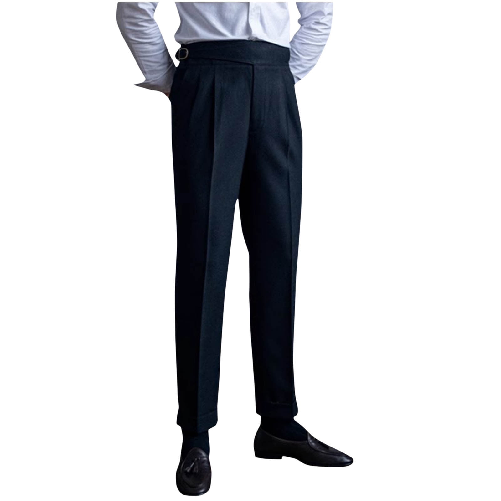 Dagugfen Mens Dress Pants High Waist Ruched Belt Fitting Fashion ...