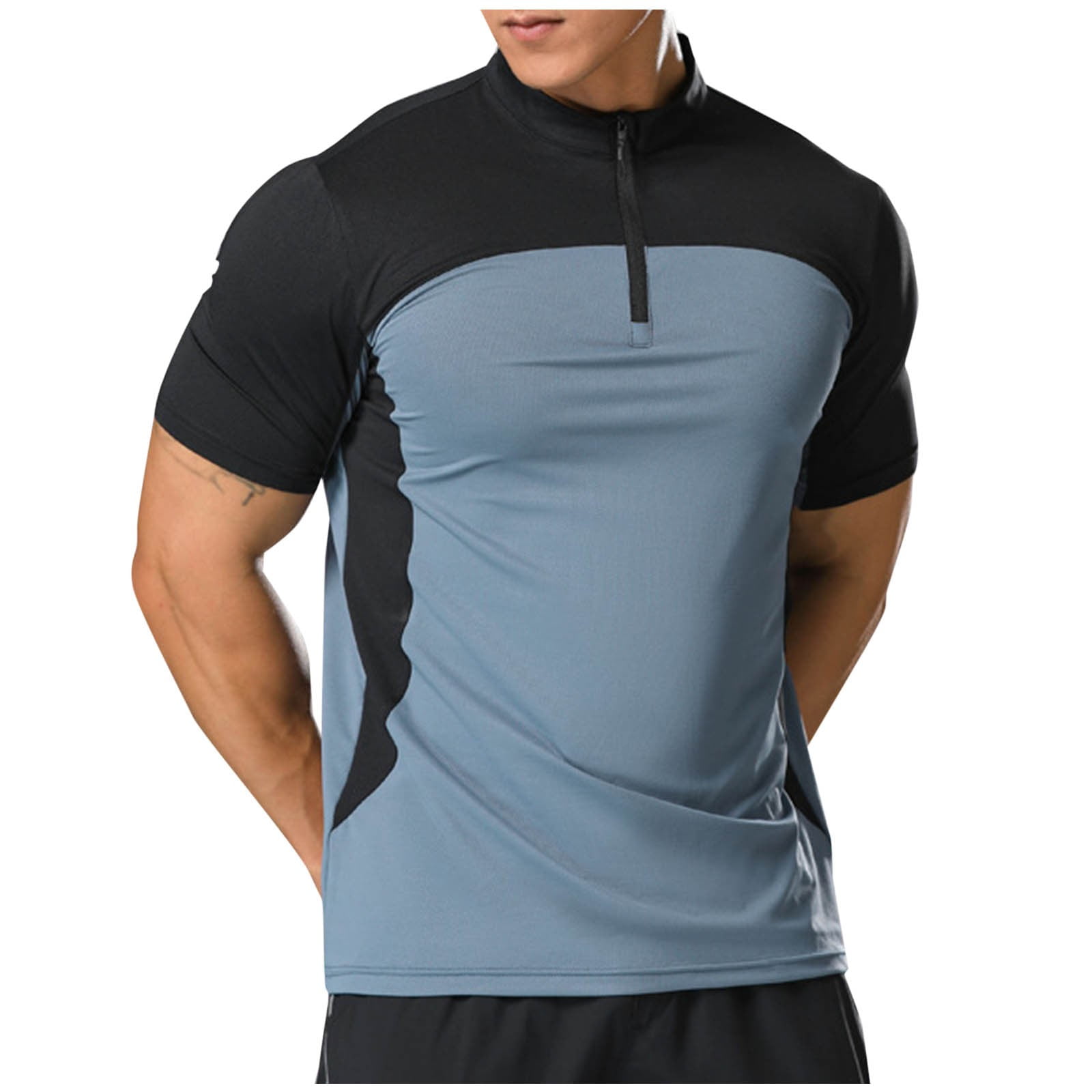 Dagugfen Mens Gym Tops Zipper V Neck Stand Collar Short Sleeve Tight ...