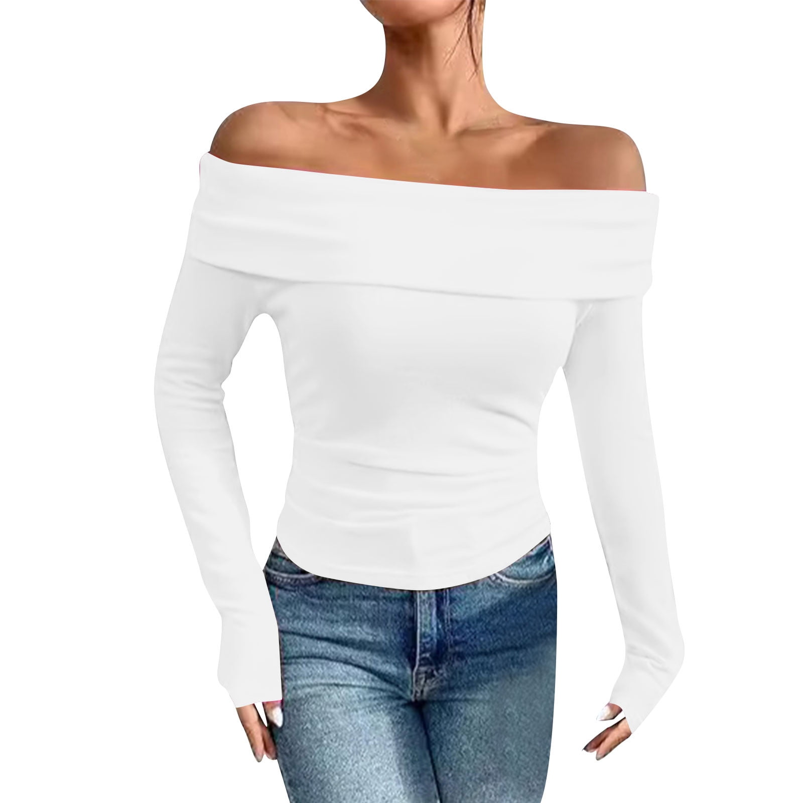 Dagugfen Off the Shoulder Tops for Women Long Sleeve Slim Fold over ...