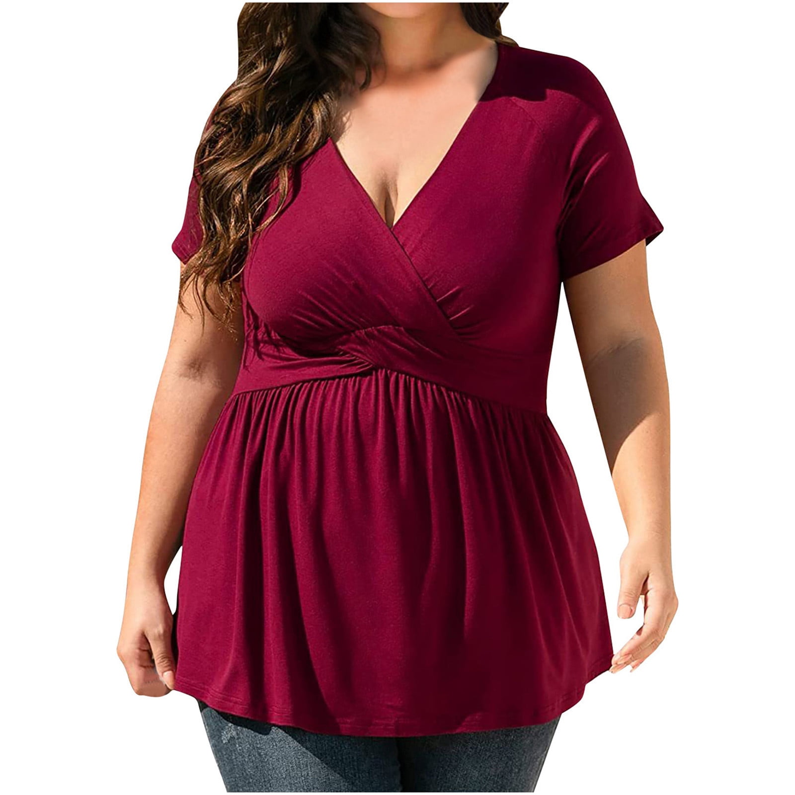 Dagugfen Oversize Shirts for Women Short Sleeve Tunic V Neck Low Cut Comfy Casual Pullover Tops ...