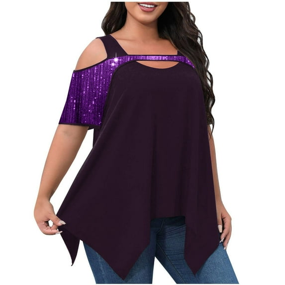 Dagugfen Oversize Tshirts for Women Cold Shoulder Scoop Neck Loose Comfy Irregular Hem Sequin ...