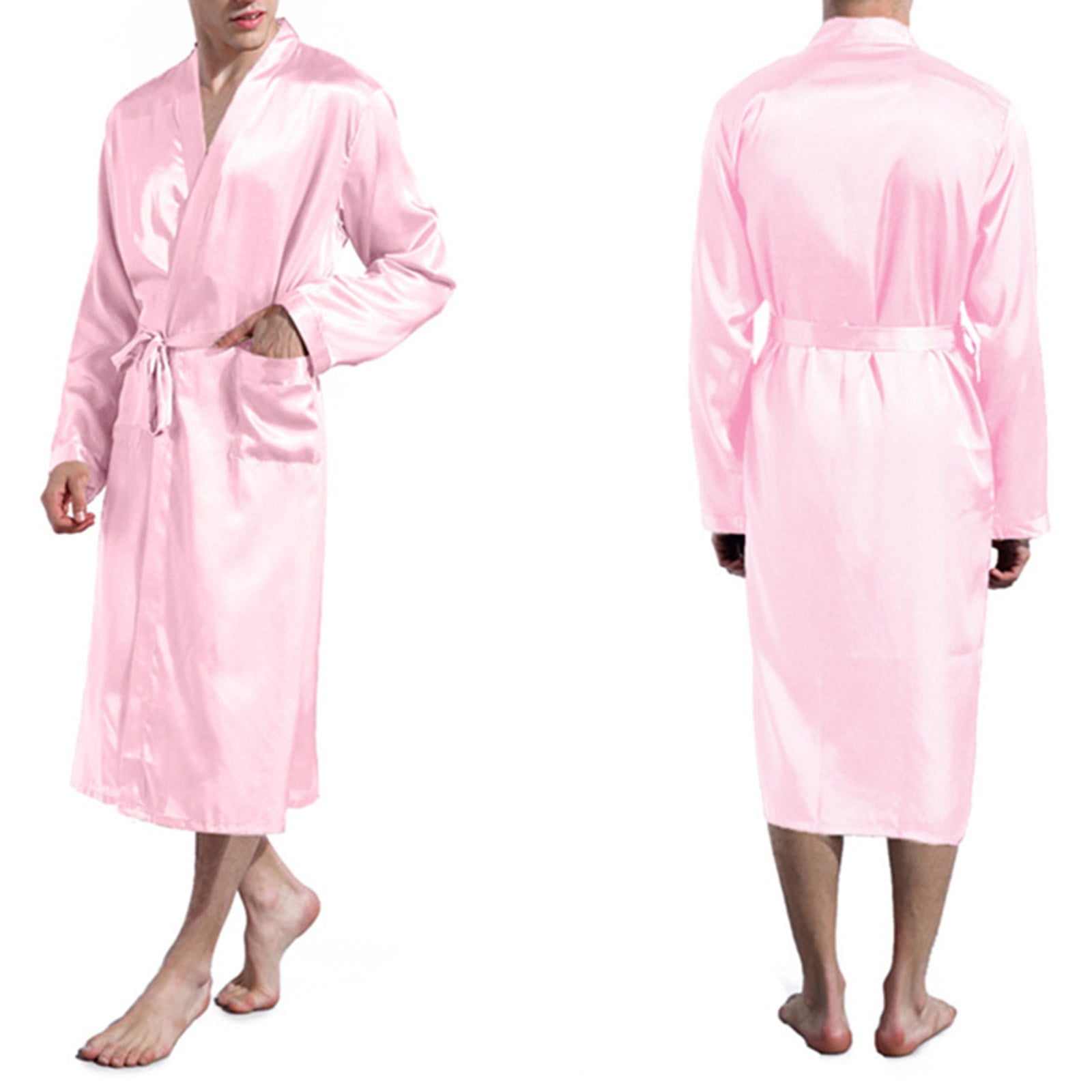 Dagugfen Robes for Men Satin Pajamas Long Sleeve Knee Length Belt ...