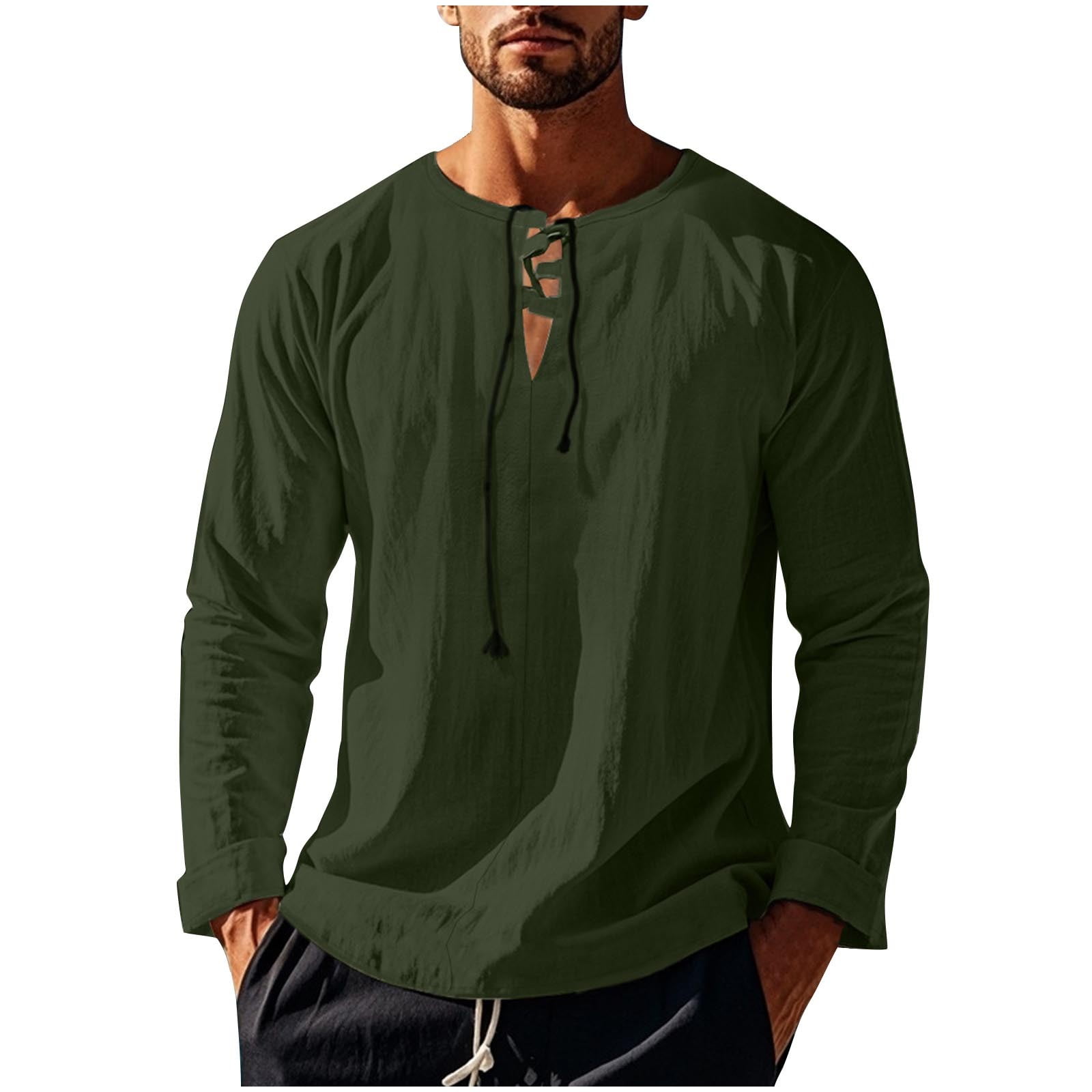Dagugfen Shirts for Men Drawstring V Neck Long Sleeve Loose Lightweight ...