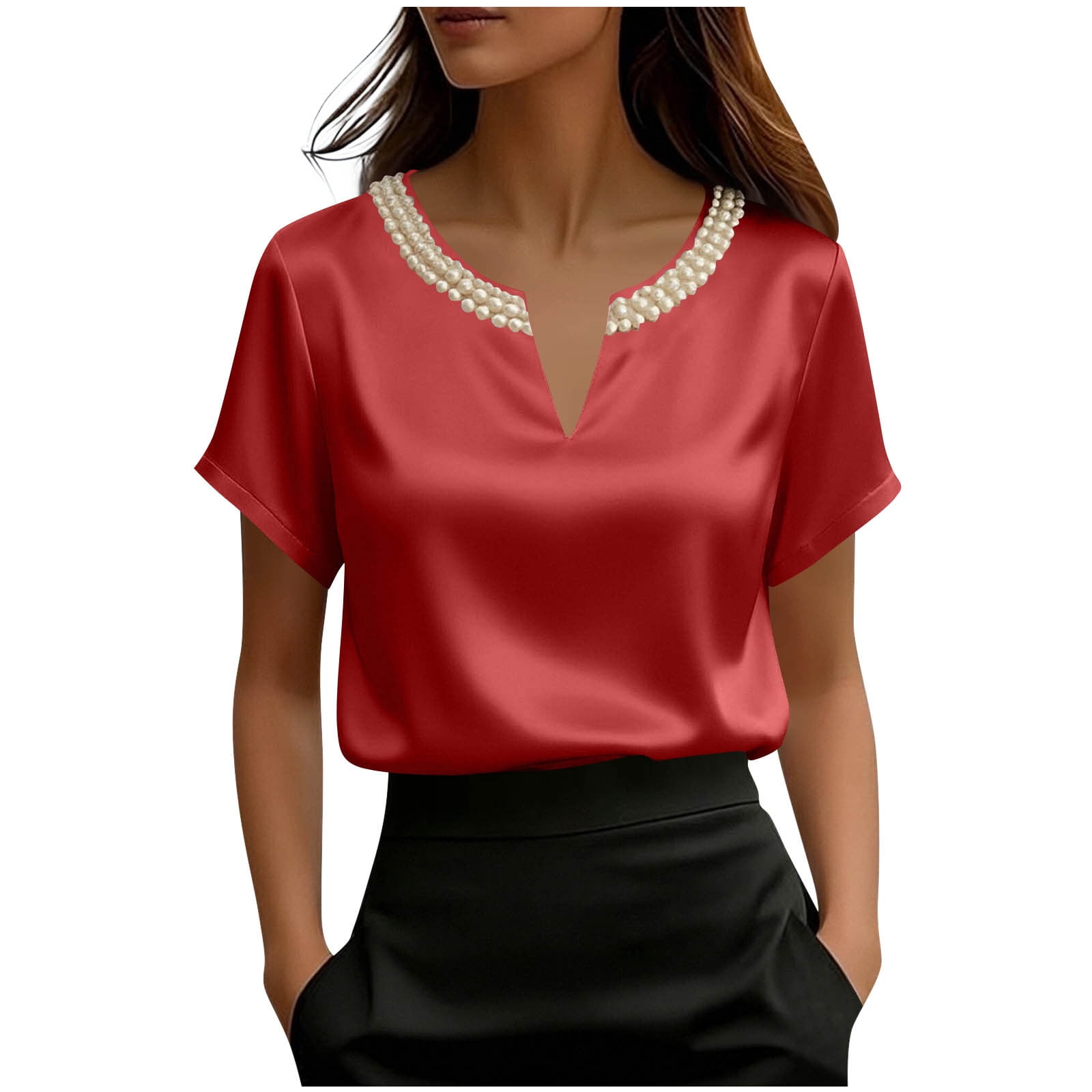 Dagugfen Summer Tops for Women Satin Notch Neck Short Sleeve ...