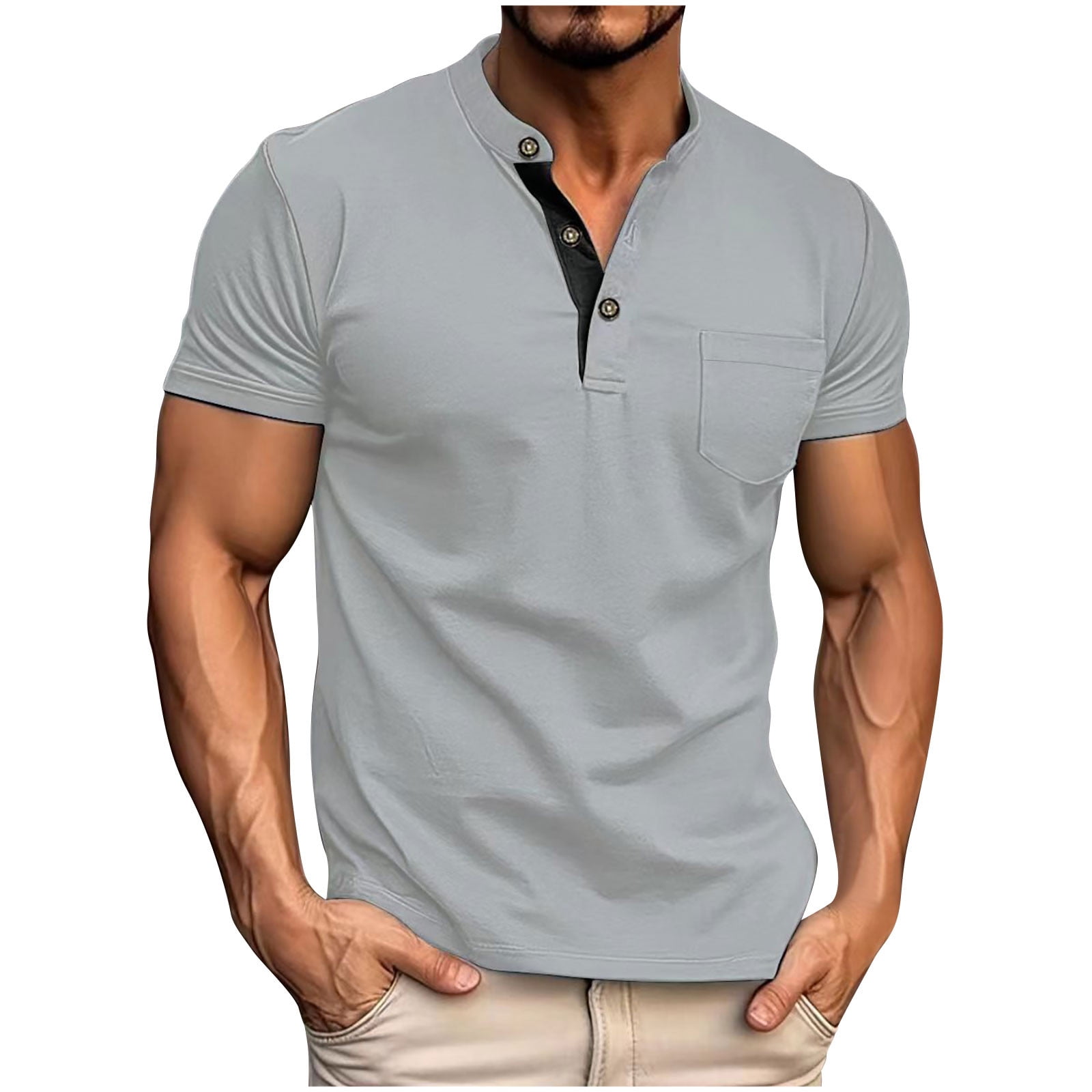 Dagugfen Tshirts for Men Summer Short Sleeve Button V Neck Stand Collar ...