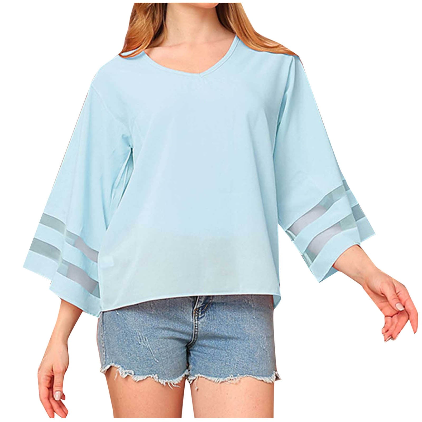 Dagugfen Womens Tops Mesh Panel Blouse V Neck Loose Long Sleeve Flowy ...