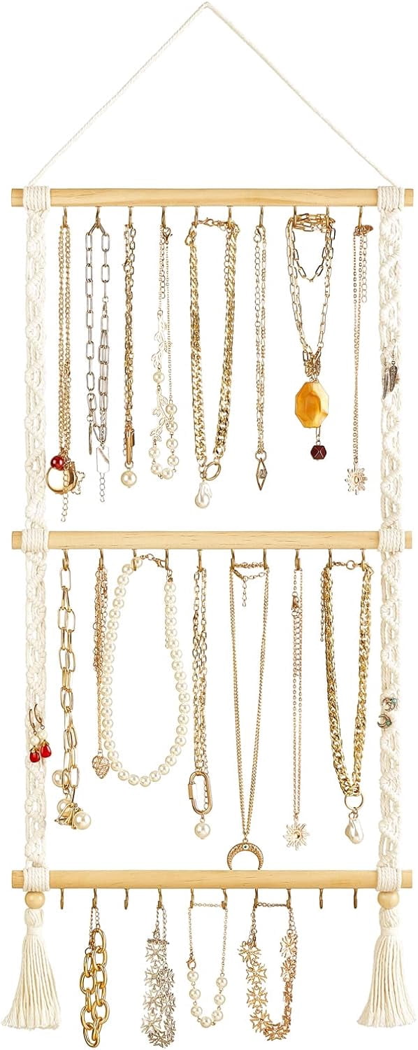 Dahey Hanging Jewelry Organizer Macrame Necklace Holder with 30 Hooks ...
