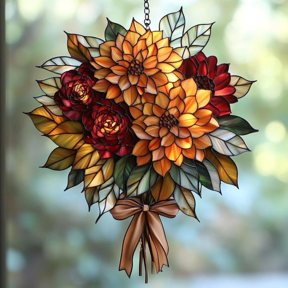 Dahlia Bouquet Acrylic Suncatcher, Floral Faux Stained Glass Window ...