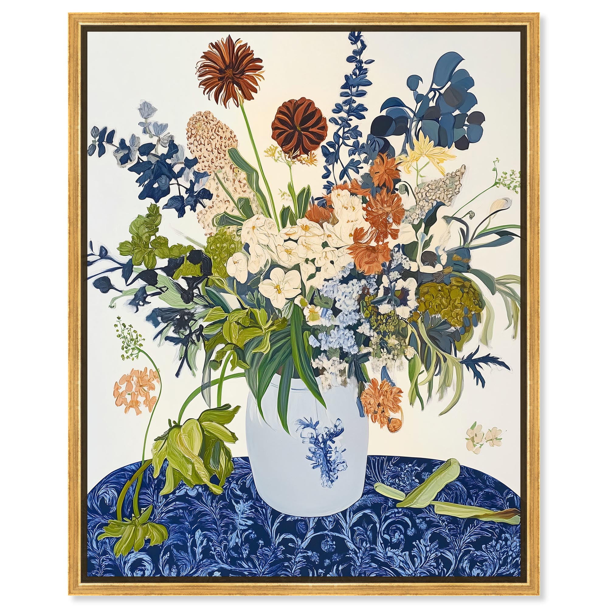 Dahlia Dream in Delft Blue Canvas Modern Farmhouse by Art Remedy, Gold ...