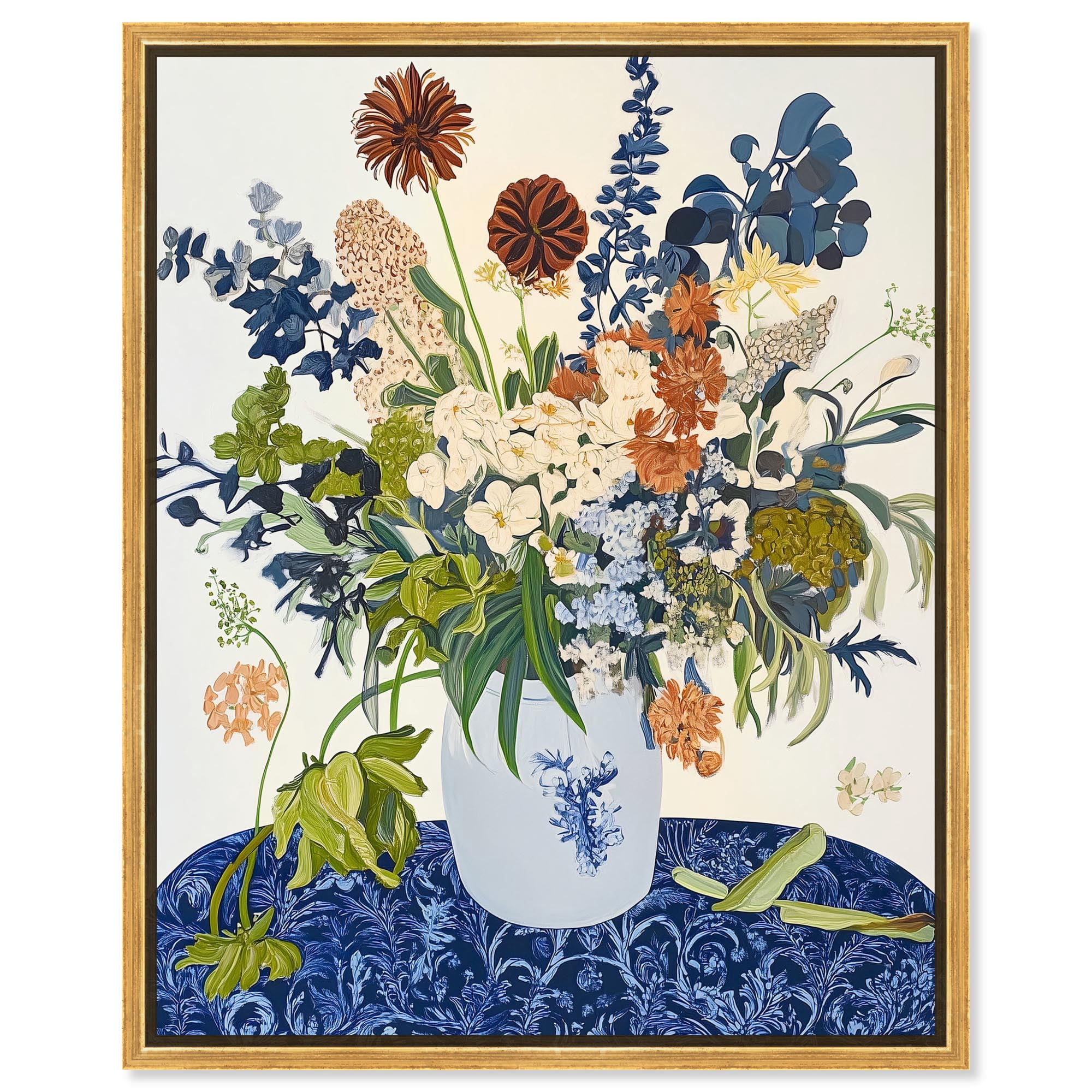 Dahlia Dream in Delft Blue Canvas Modern Farmhouse by Art Remedy, Gold ...
