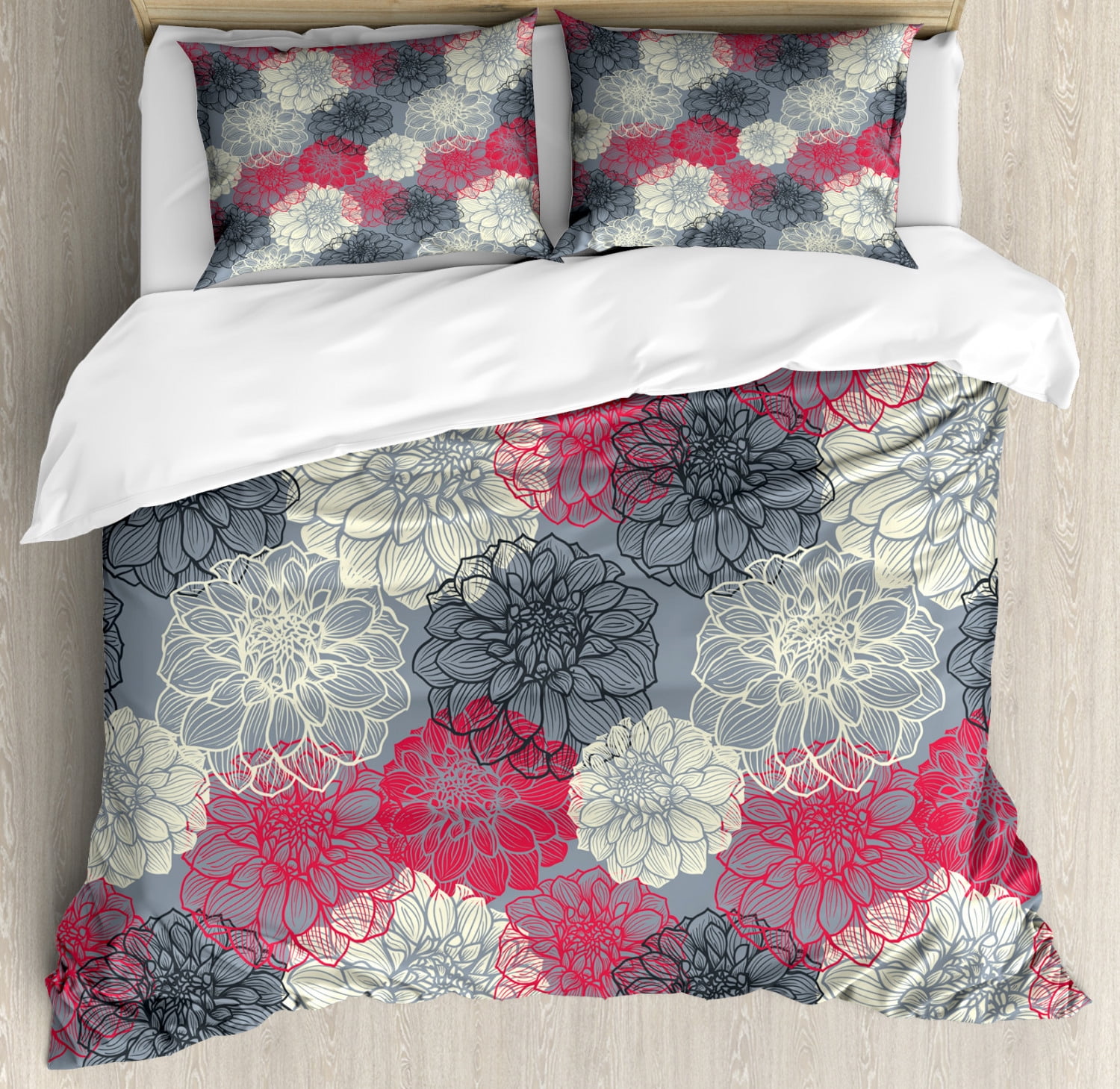 Dahlia Flower Duvet Cover Set Queen Size, Hand Drawn Repeating Big and ...