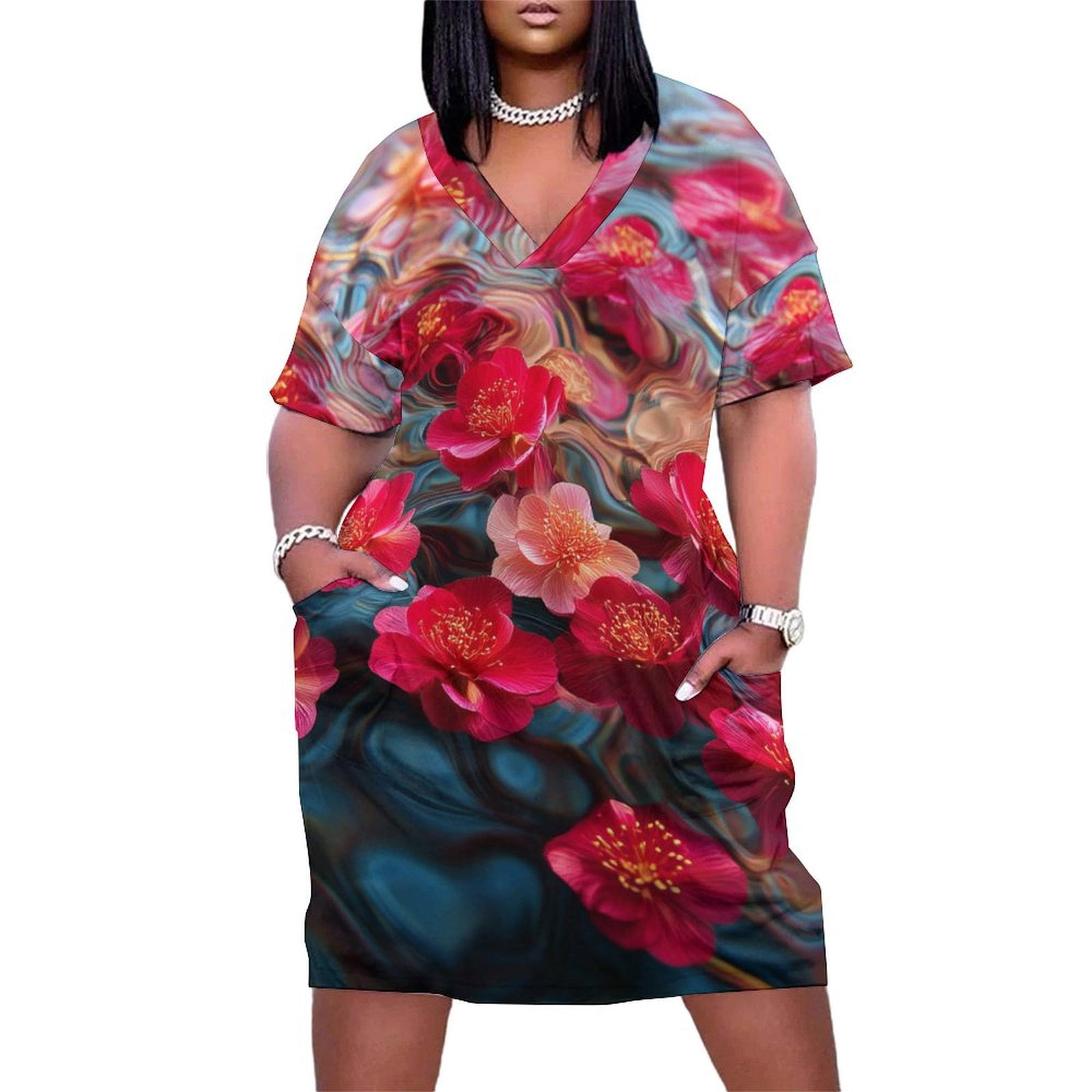 Dahlia Flower Summer Sundress for Curve Women Casual Pattern Plus Size ...