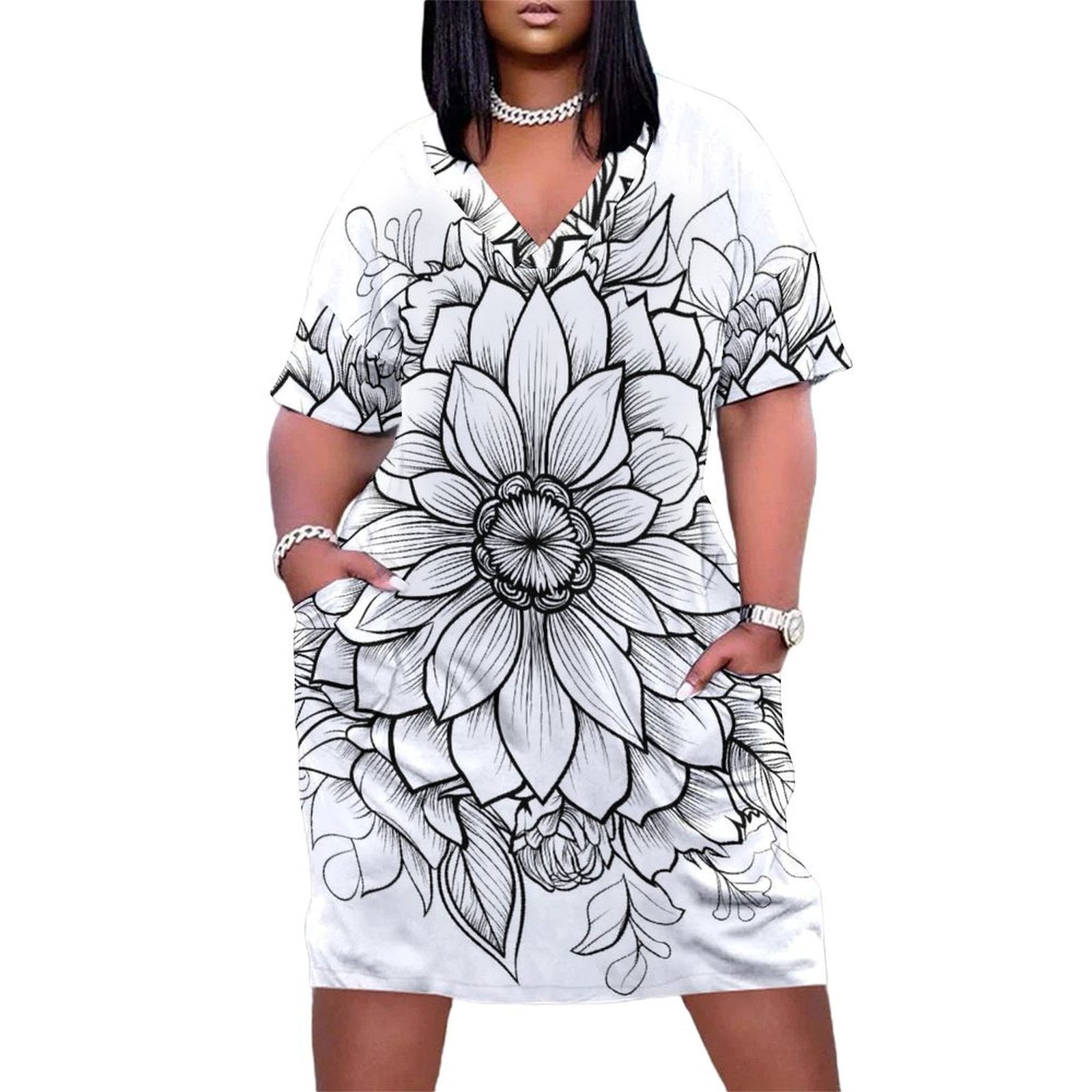 Dahlia Flower Summer Sundress for Curve Women Casual Pattern Plus Size ...