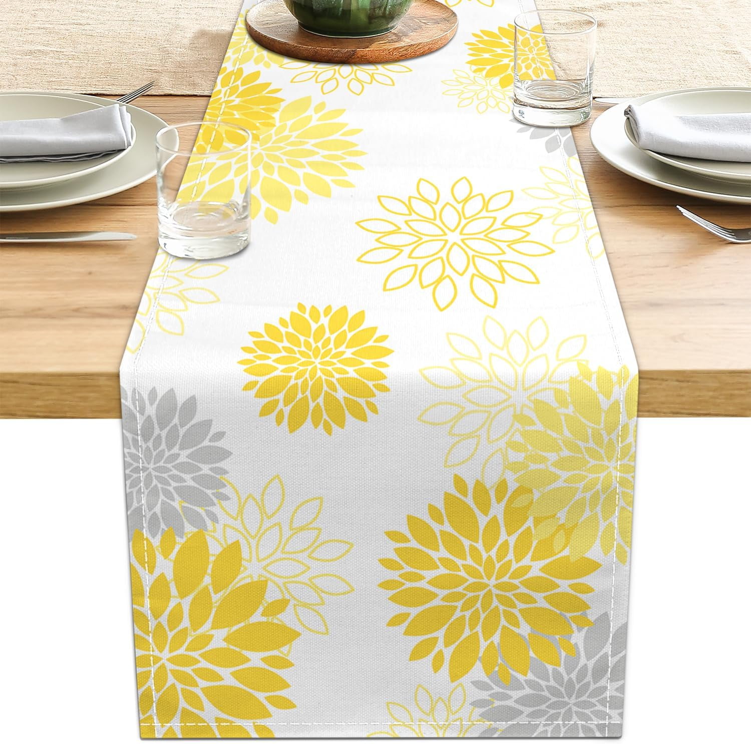 Dahlia Flower Table Runner 13x36 Inch Farmhouse Yellow Gray Runners ...