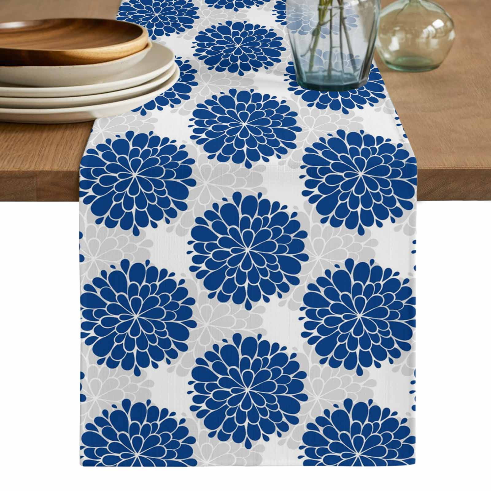 Dahlia Flower Table Runner, Farmhouse Botanical Blue Grey Floral ...