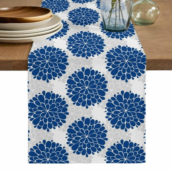 Dahlia Flower Table Runner, Farmhouse Botanical Blue Grey Floral ...