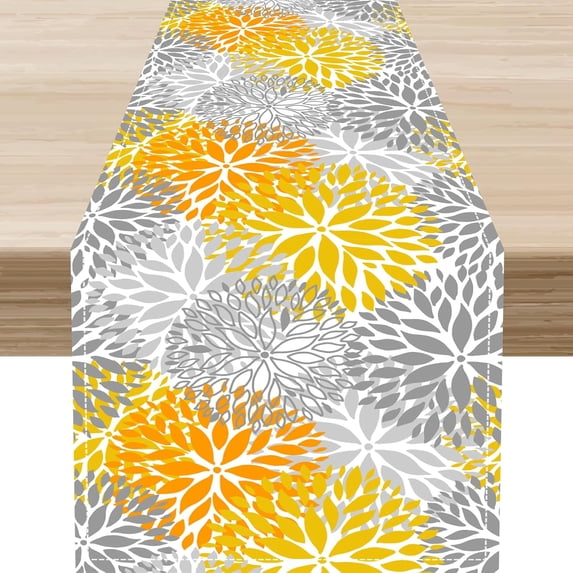 Dahlia Flower Table Runner, Vintage Yellow Grey Geometric Floral ...
