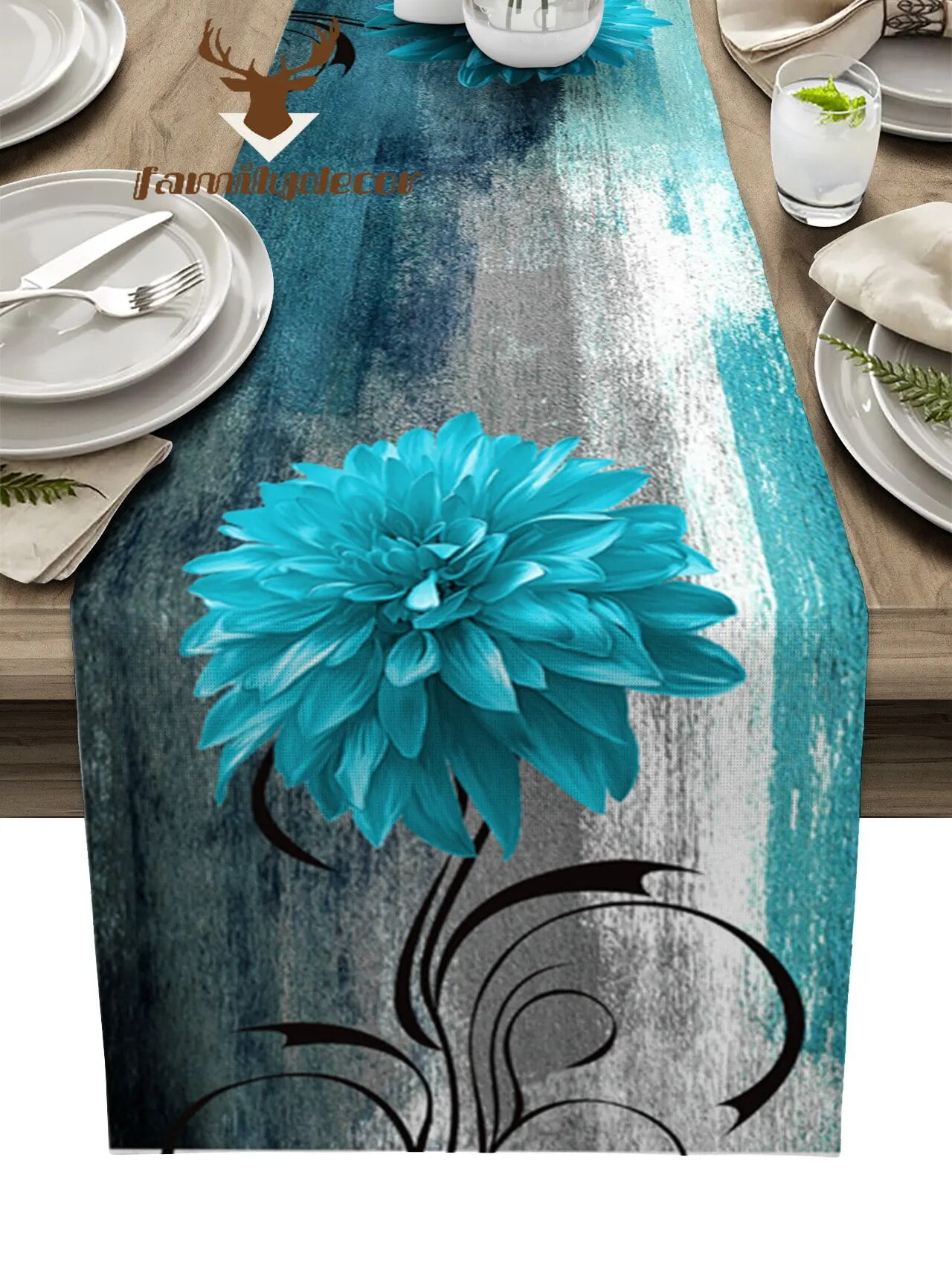 Dahlia Oil Painting Abstract Texture Plant Flower Aqua Table Runner ...