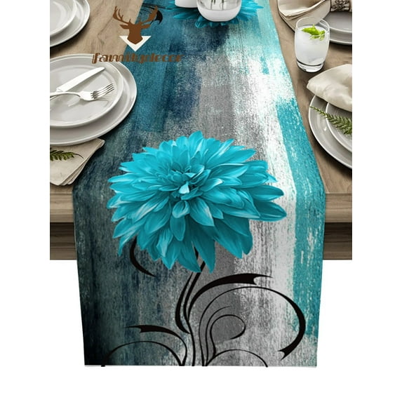 Dahlia Oil Painting Abstract Texture Plant Flower Aqua Table Runner ...