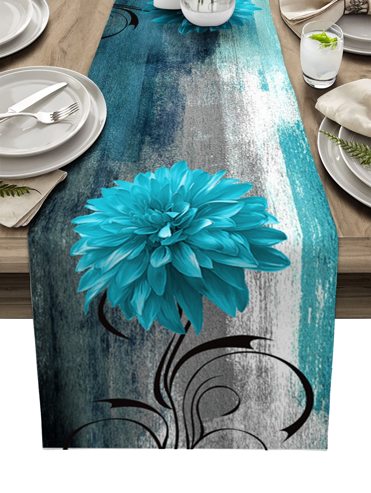 Dahlia Oil Painting Abstract Texture Plant Flower Blue Linen Table ...