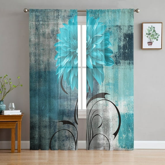 Dahlia Oil Painting Line Plant Aqua Sheer Curtains Living Room Bedroom ...