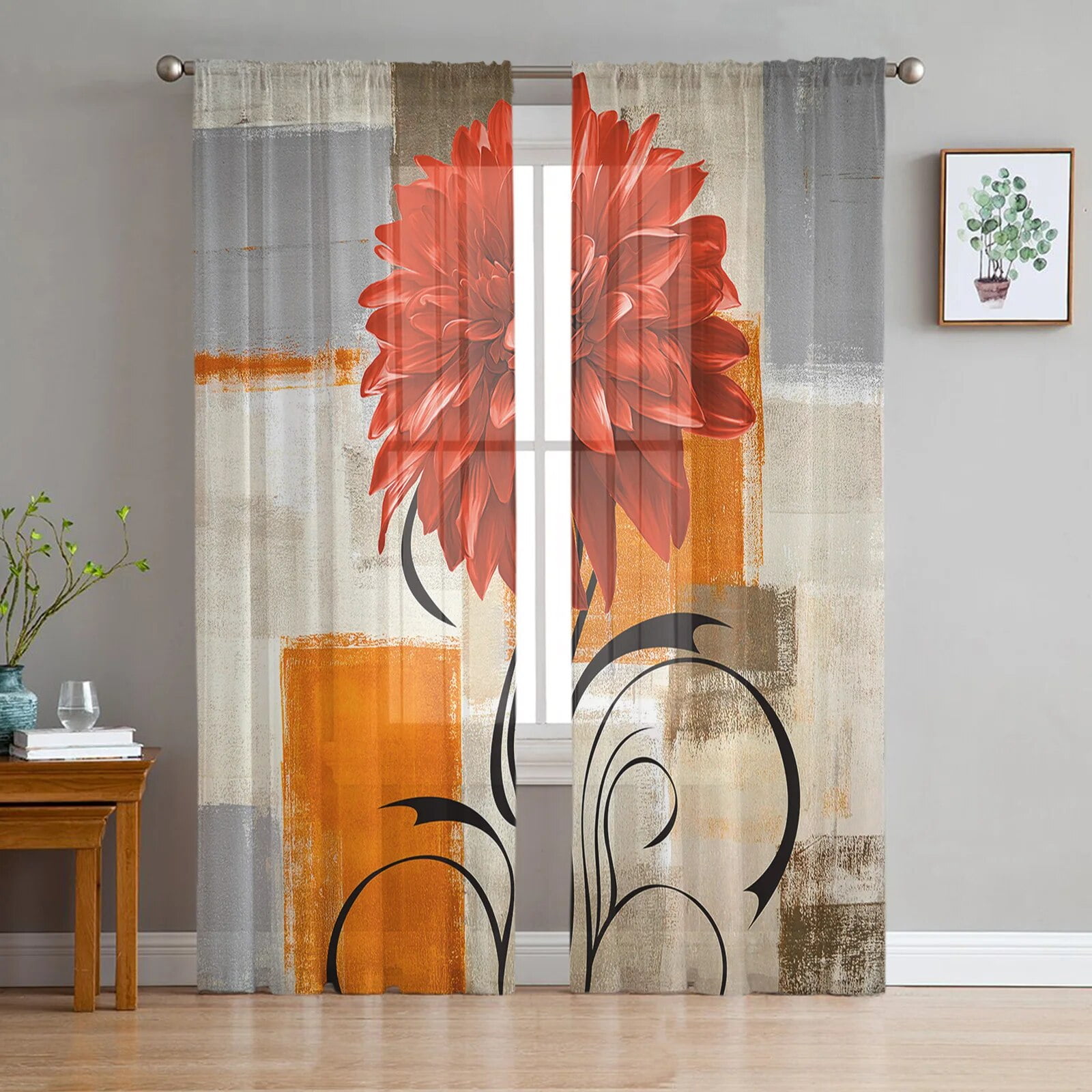 Dahlia Orange Oil Painting Curtains For Living Room Transparent Tulle ...