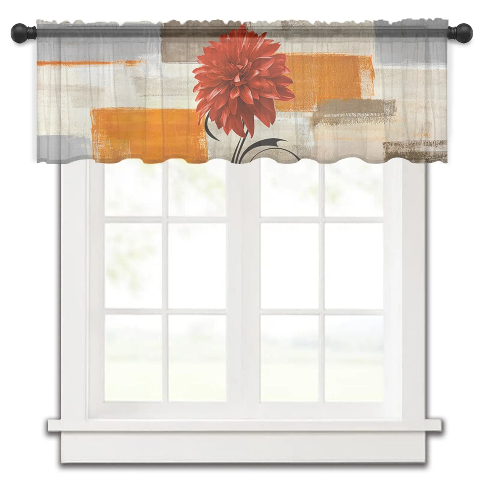 Dahlia Orange Oil Painting Kitchen Small Window Curtain Tulle Sheer ...