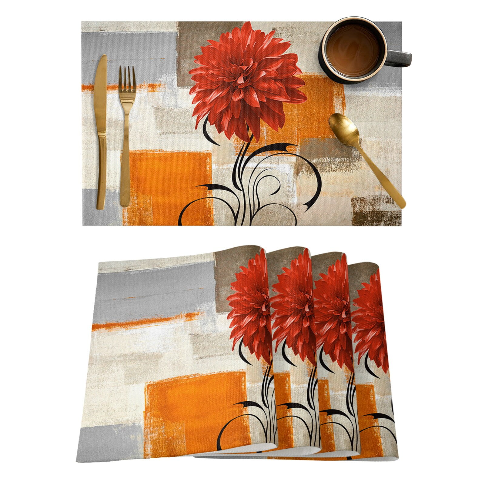 Dahlia Orange Oil Painting Placemat for Dining Table Tableware Mats ...