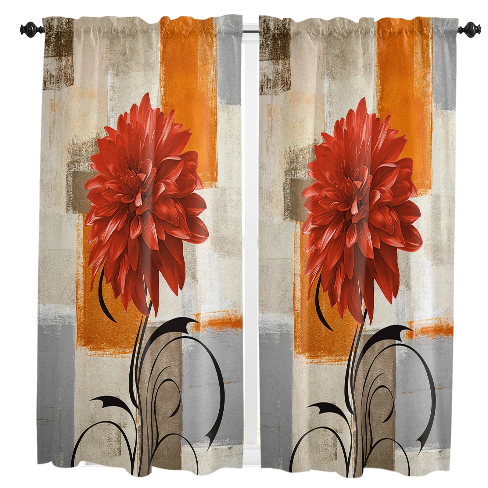 Dahlia Orange Oil Painting Small Curtain Rod Pocket Short Curtains Half ...