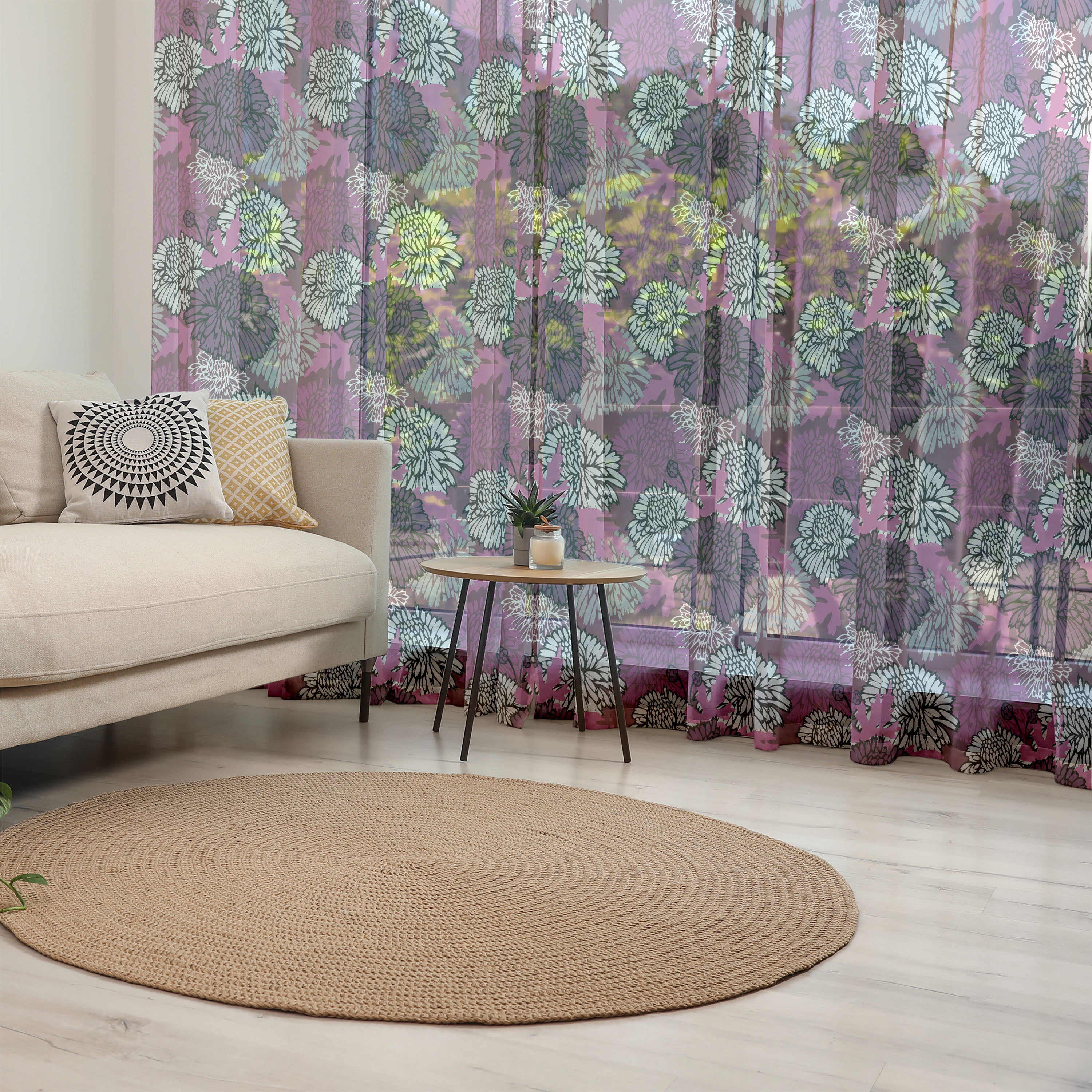 Dahlia Tulle Curtains with Rod Pocket, Drawing of Large Chrysanthemum ...