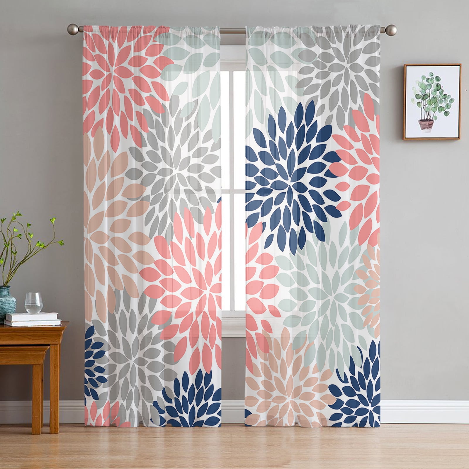 Dahlia Vintage Color Flowers Tulle Sheer Window Curtains for Living ...