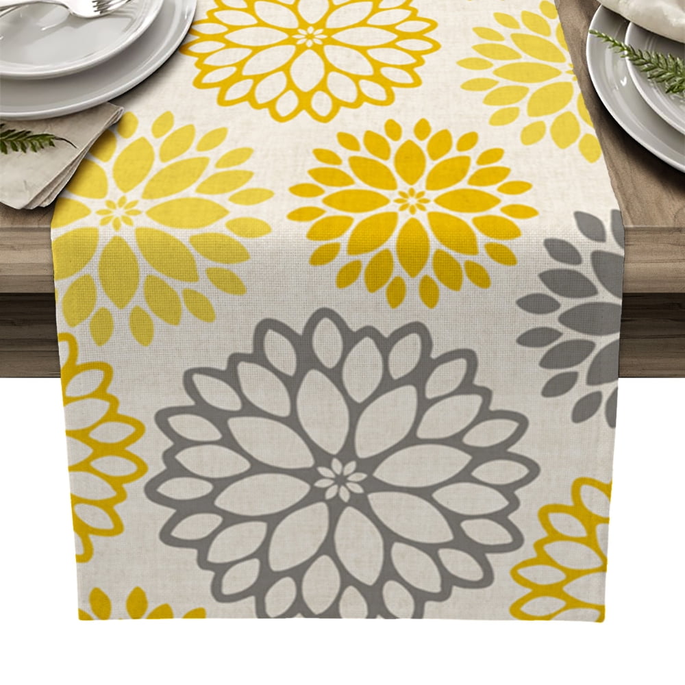 Dahlia Yellow Gray Table Runner for Dining Table Party ration Anti-stain Rectangular Table ...