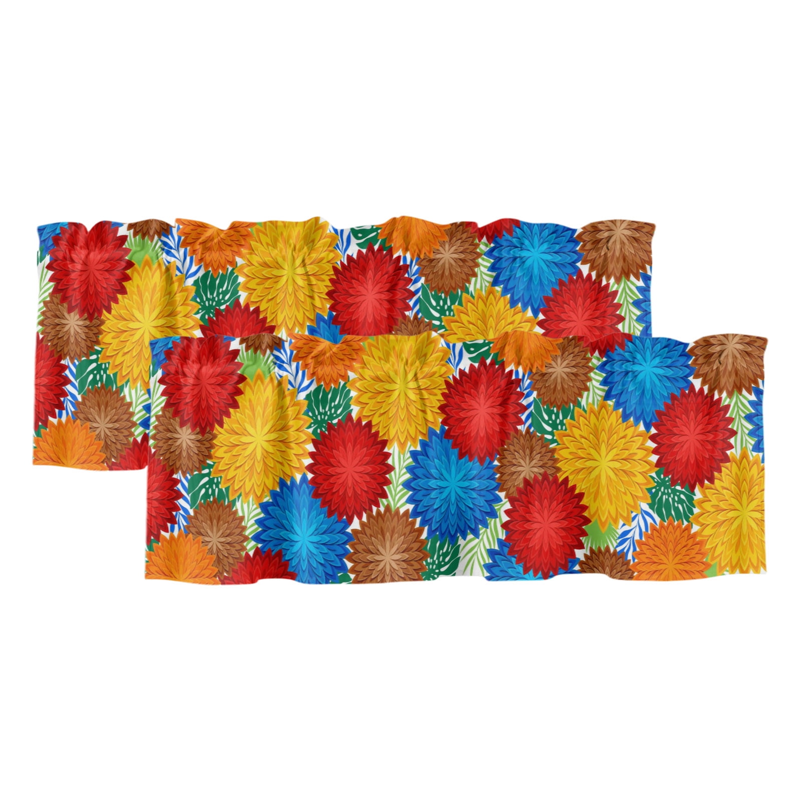 Dahlias Bloom 2 Panels Kitchen Valance, Exotic Minimalist Red Blue ...
