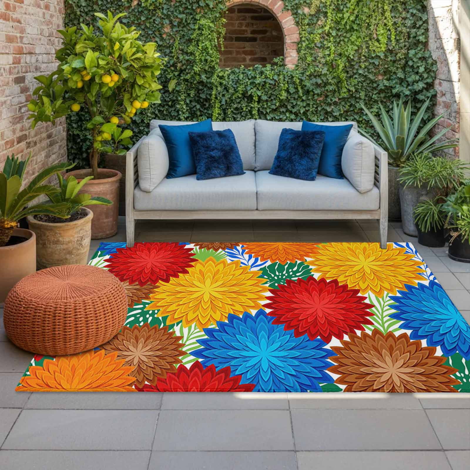 Dahlias Bloom Indoor Outdoor Rugs 5x7 Ft, Modern Exotic Minimalist Red ...