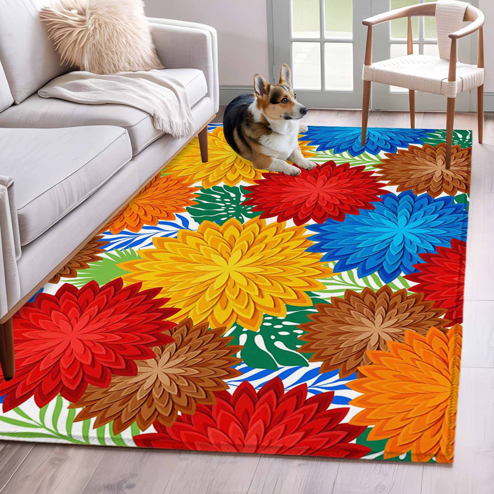 Dahlias Bloom Washable Area Rug 3x5 Modern Exotic Minimalist Red Blue ...