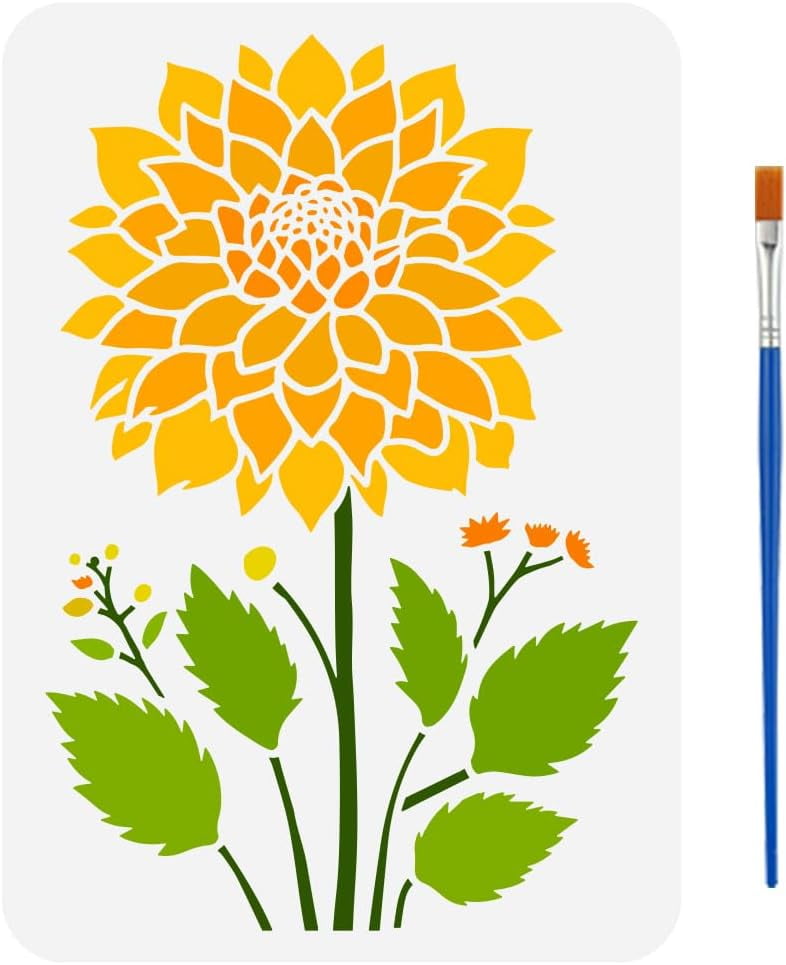 Dahlias Flower Painting Stencil with 1 Pc Plastic Paint Brush 8.3x11.7inch Reusable Flower ...