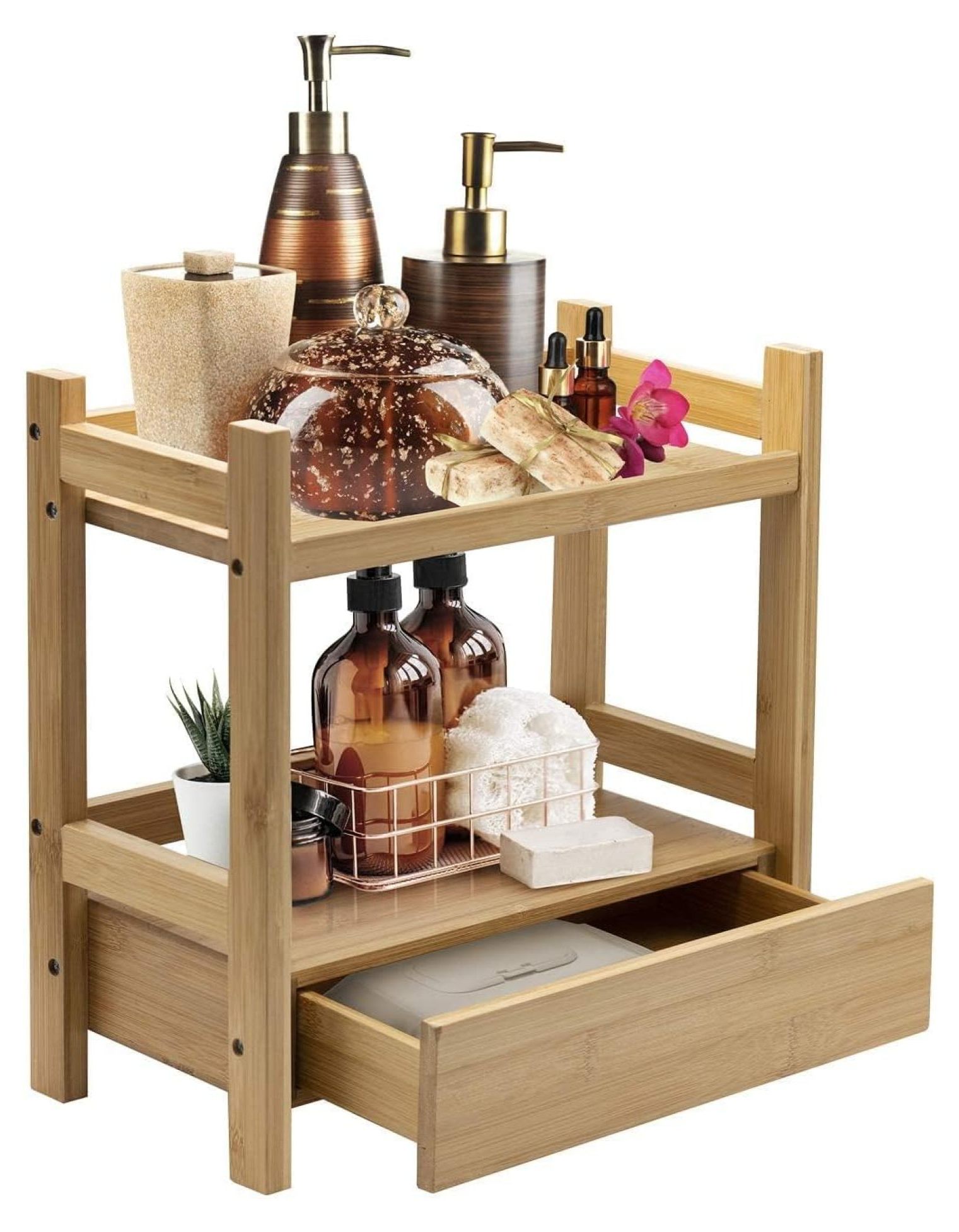 DaiZuY 2-Tier Bamboo Countertop Shelf with Hidden Drawer - Makeup ...