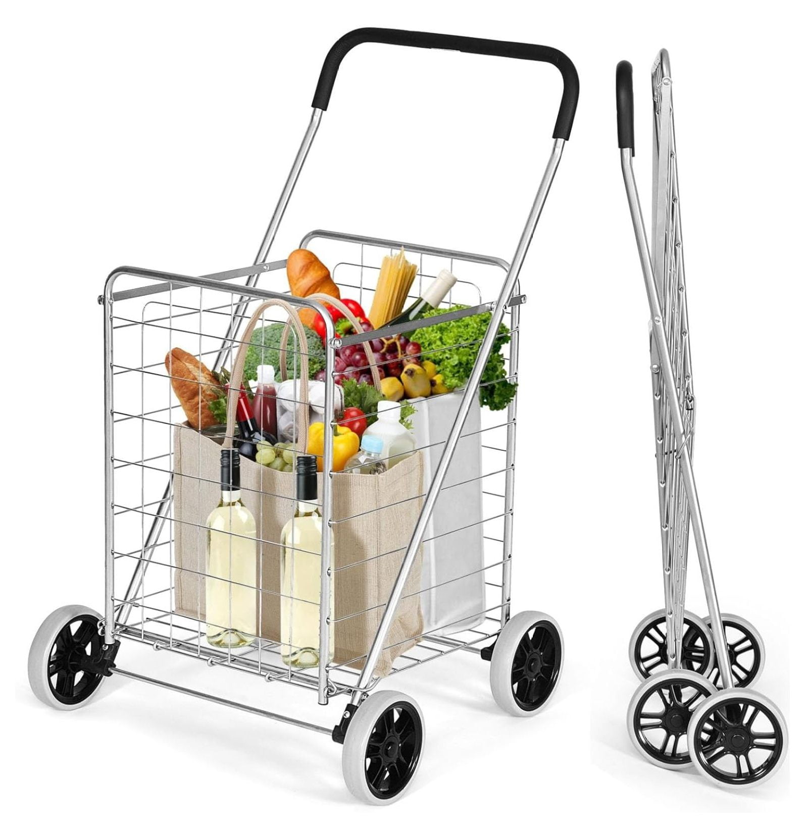 DaiZuY Shopping Cart with Wheels, Folding Grocery Cart with Metal Frame ...
